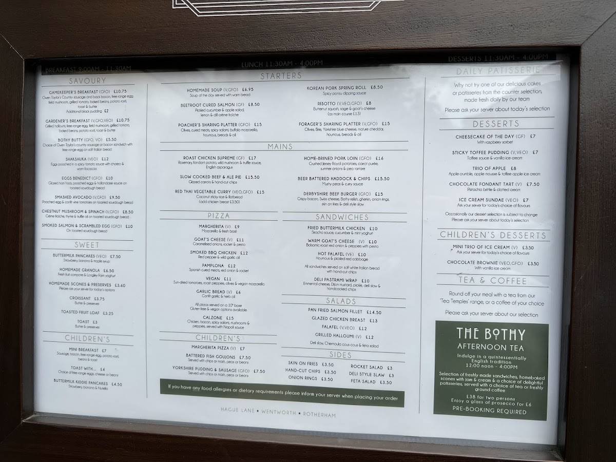 Menu at The Bothy restaurant, Rotherham