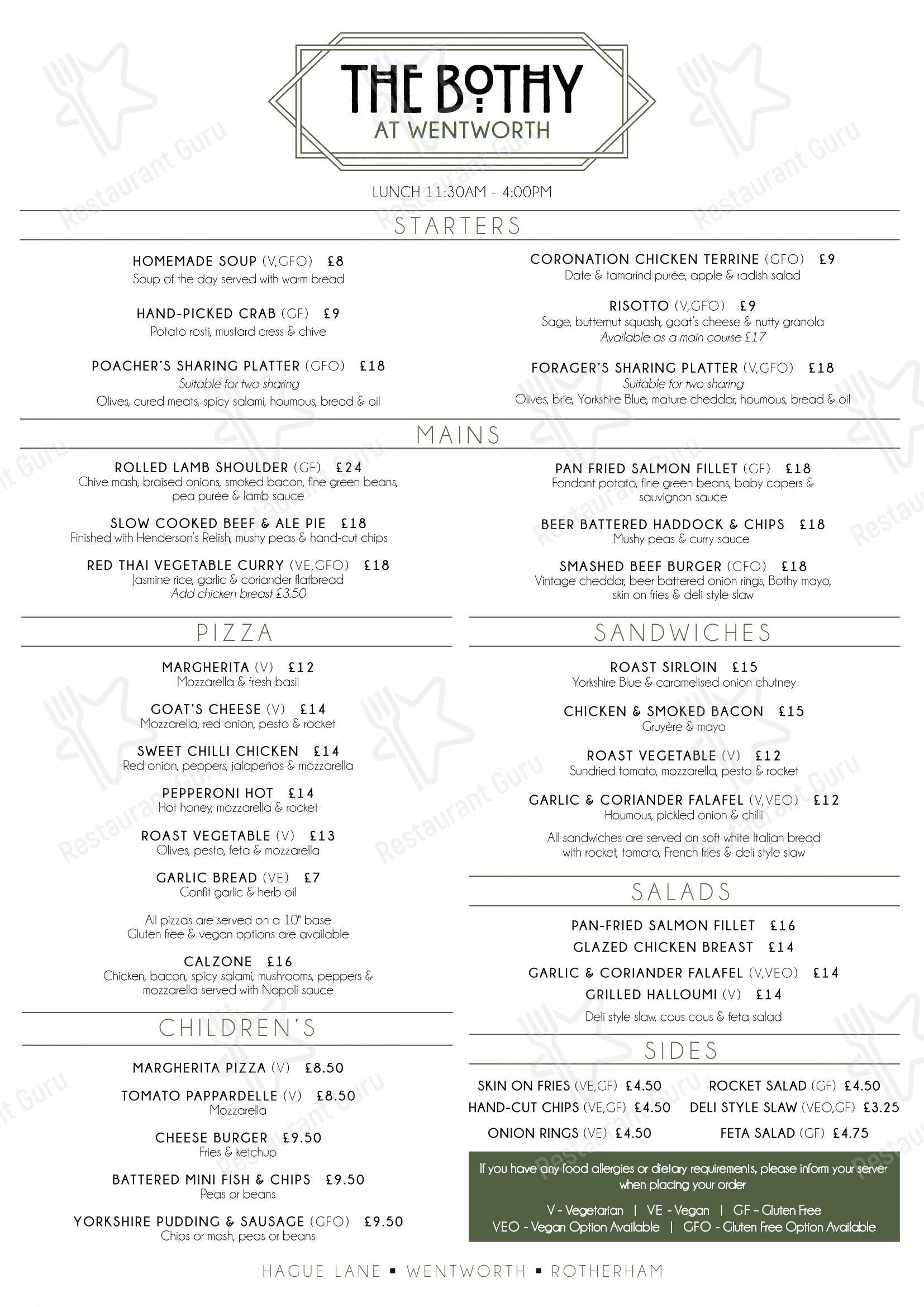 Menu at The Bothy restaurant, Rotherham