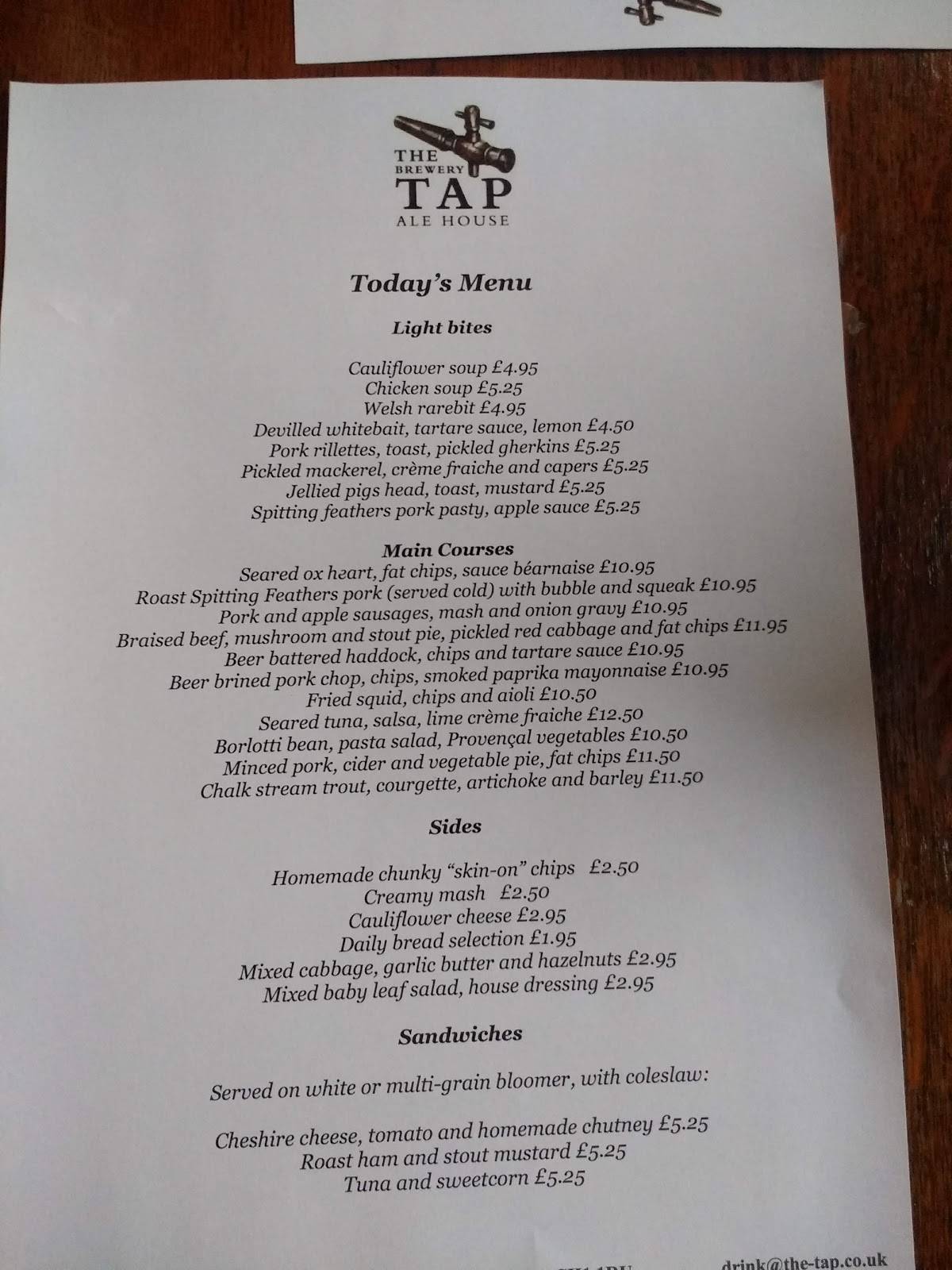 Menu at The Brewery Tap pub & bar, Chester, 52-54 Lower Bridge St
