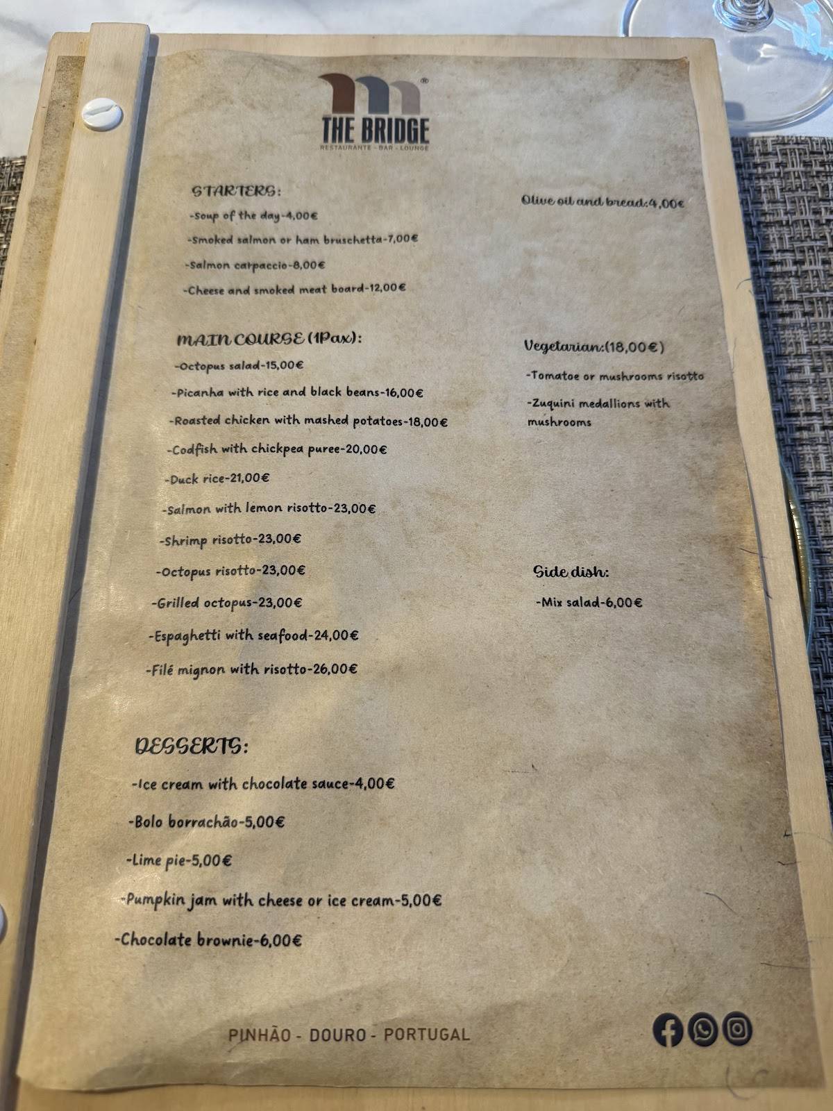 Menu at The Bridge 1870 restaurant, Portugal