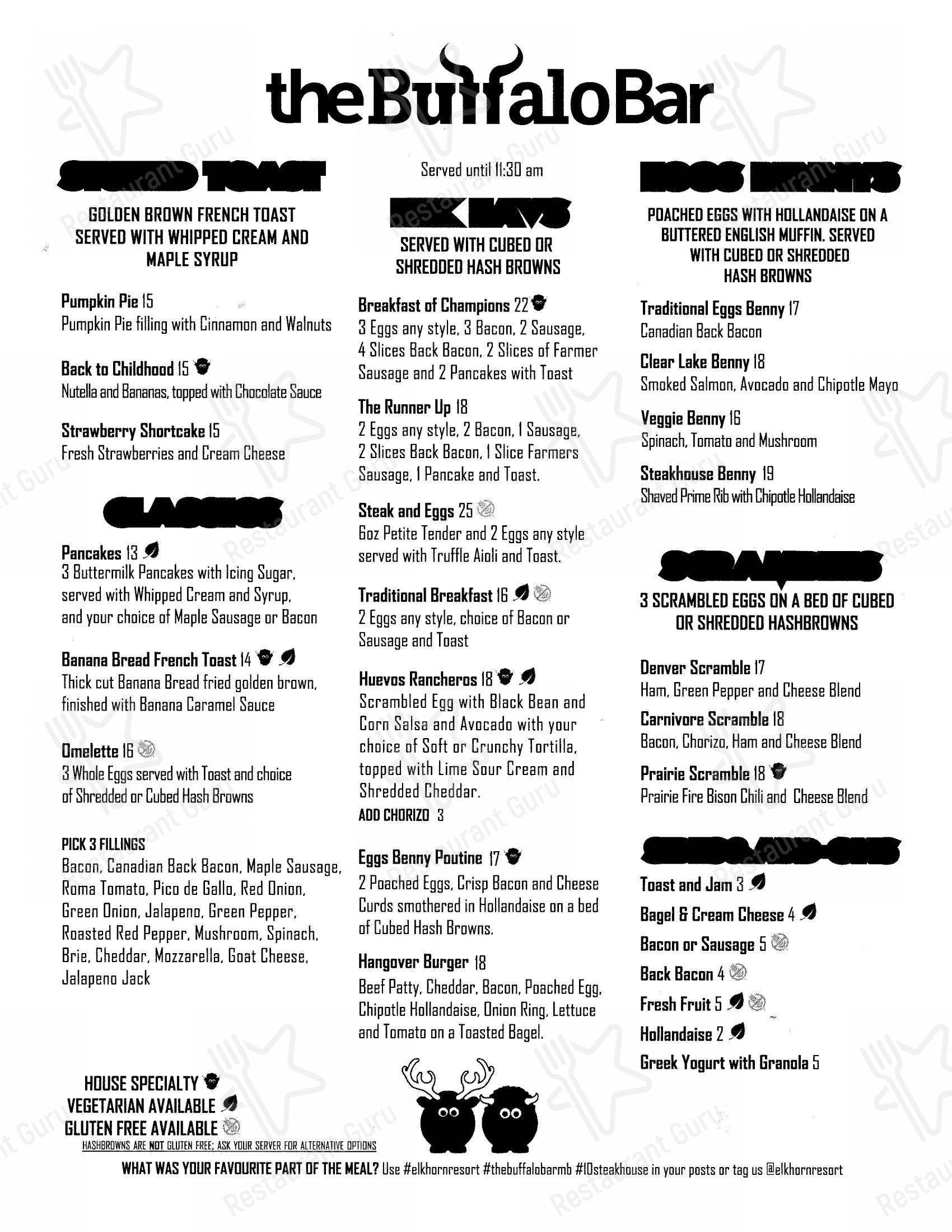 Menu at The Buffalo Bar & Ten Steakhouse, Wasagaming