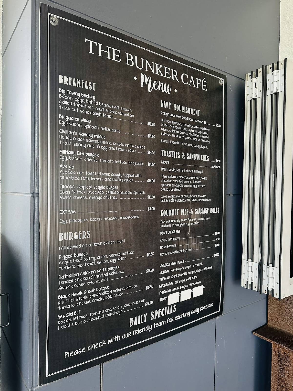 Menu at The Bunker Cafe, Garbutt