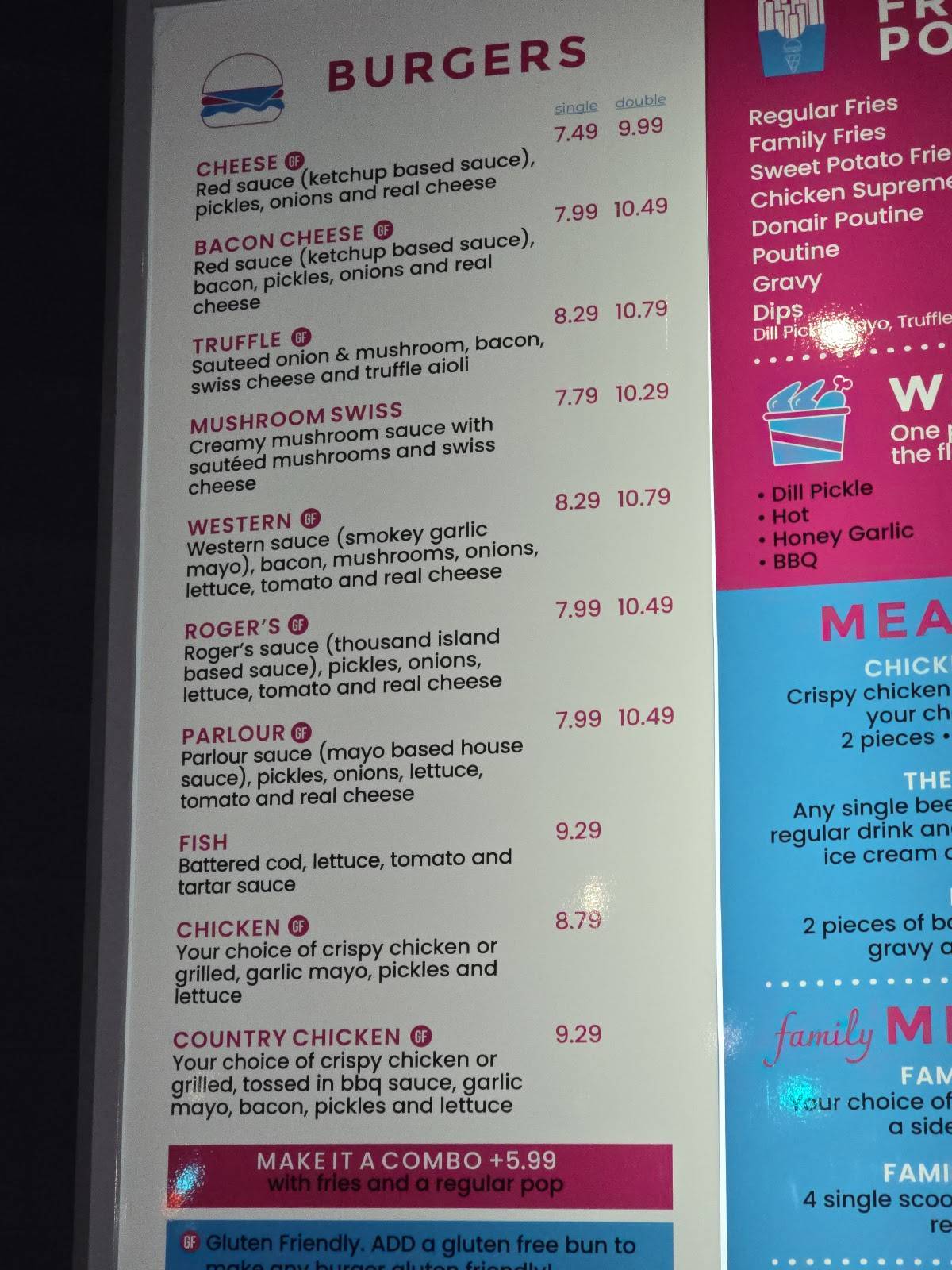Menu at The Burger Parlour restaurant, Rocky Mountain House