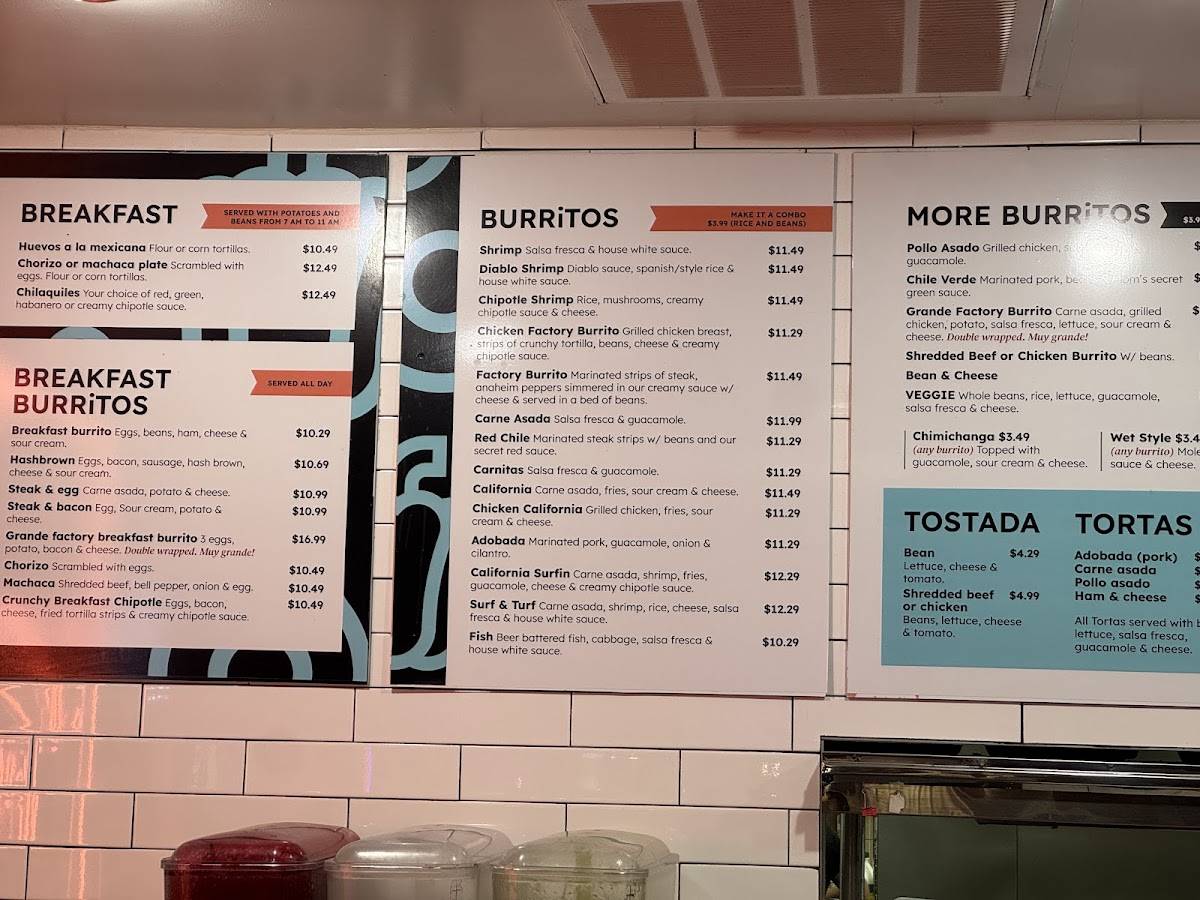 Menu at The Burrito Factory restaurant, El Centro