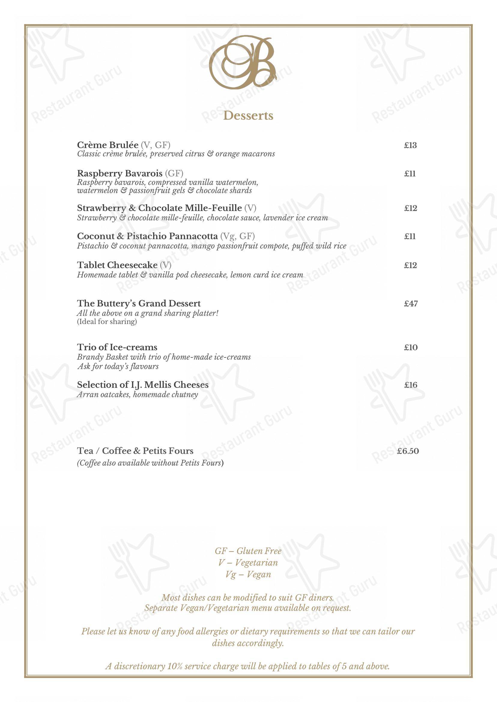 Menu at The Buttery restaurant, Glasgow, 652 Argyle St