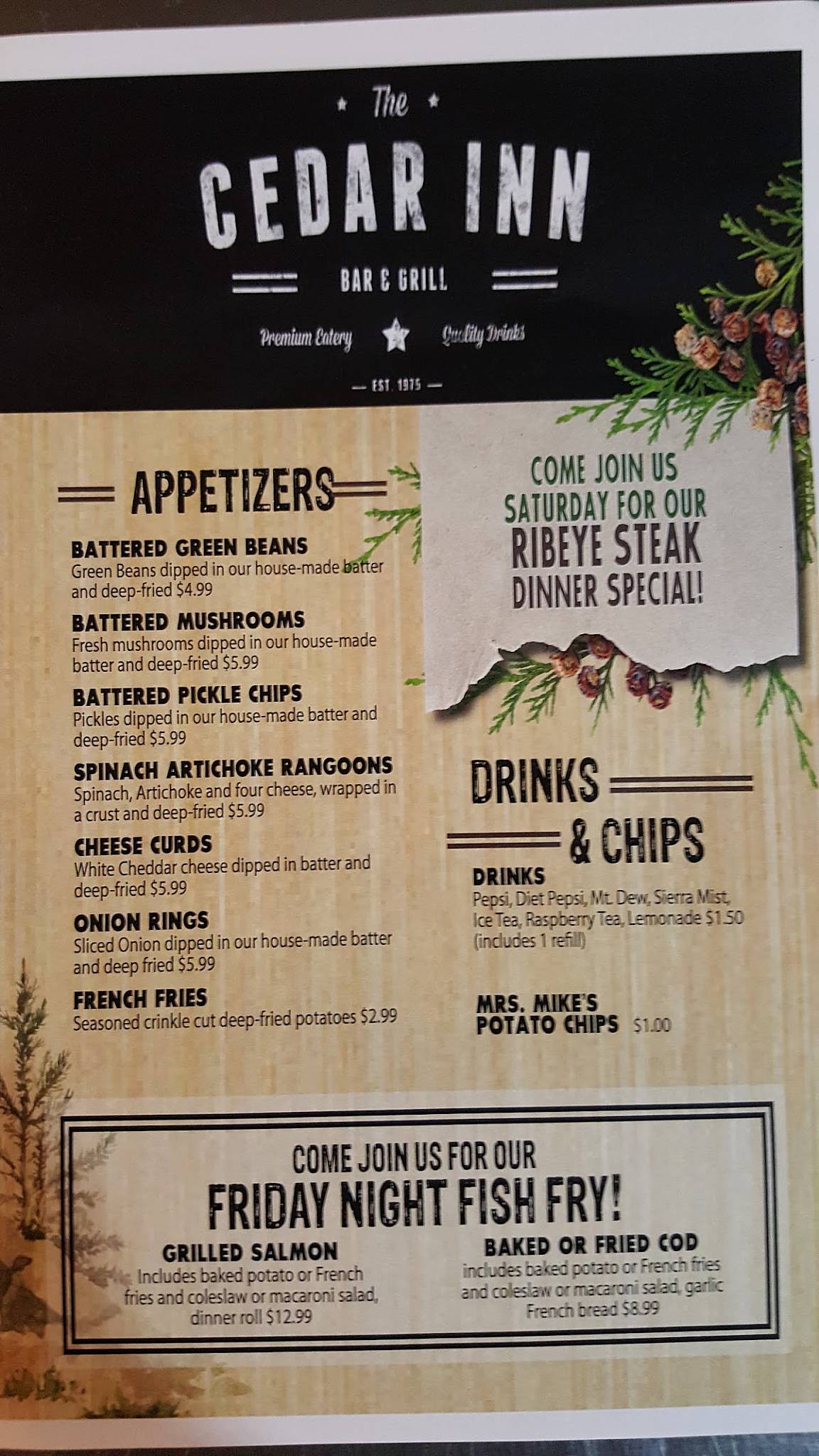 Menu at The Cedar Inn pub & bar, Cedarville