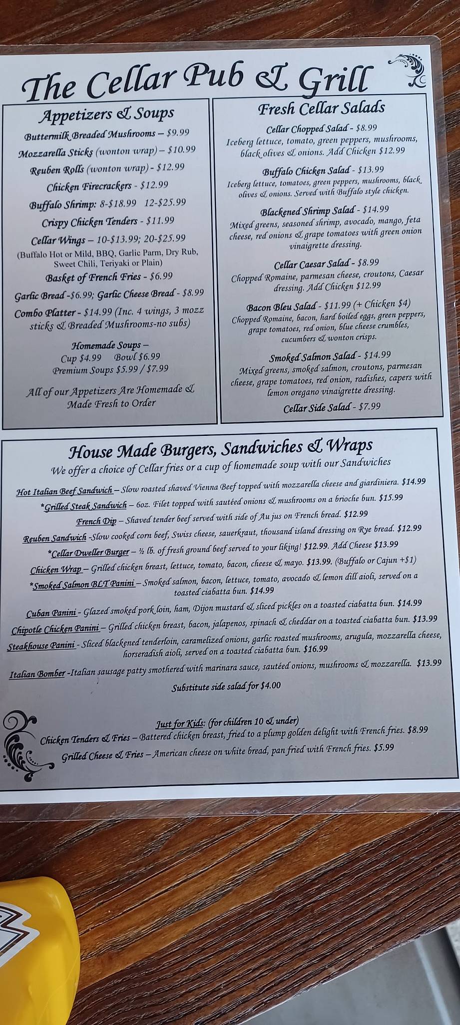 Menu at The Cellar Pub & Grill, Oak Creek
