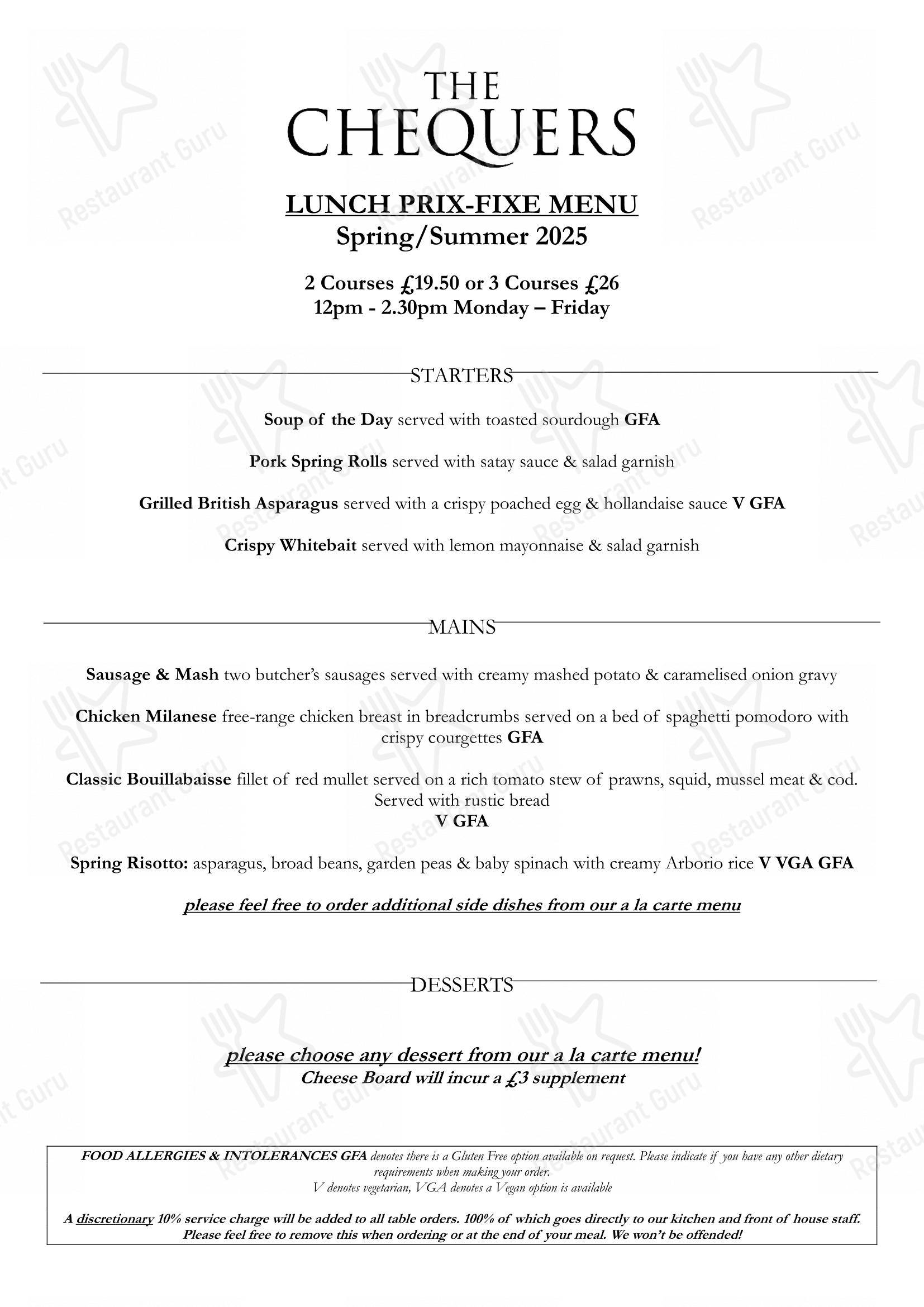 Menu at The Chequers pub & bar, Westoning, Park Rd