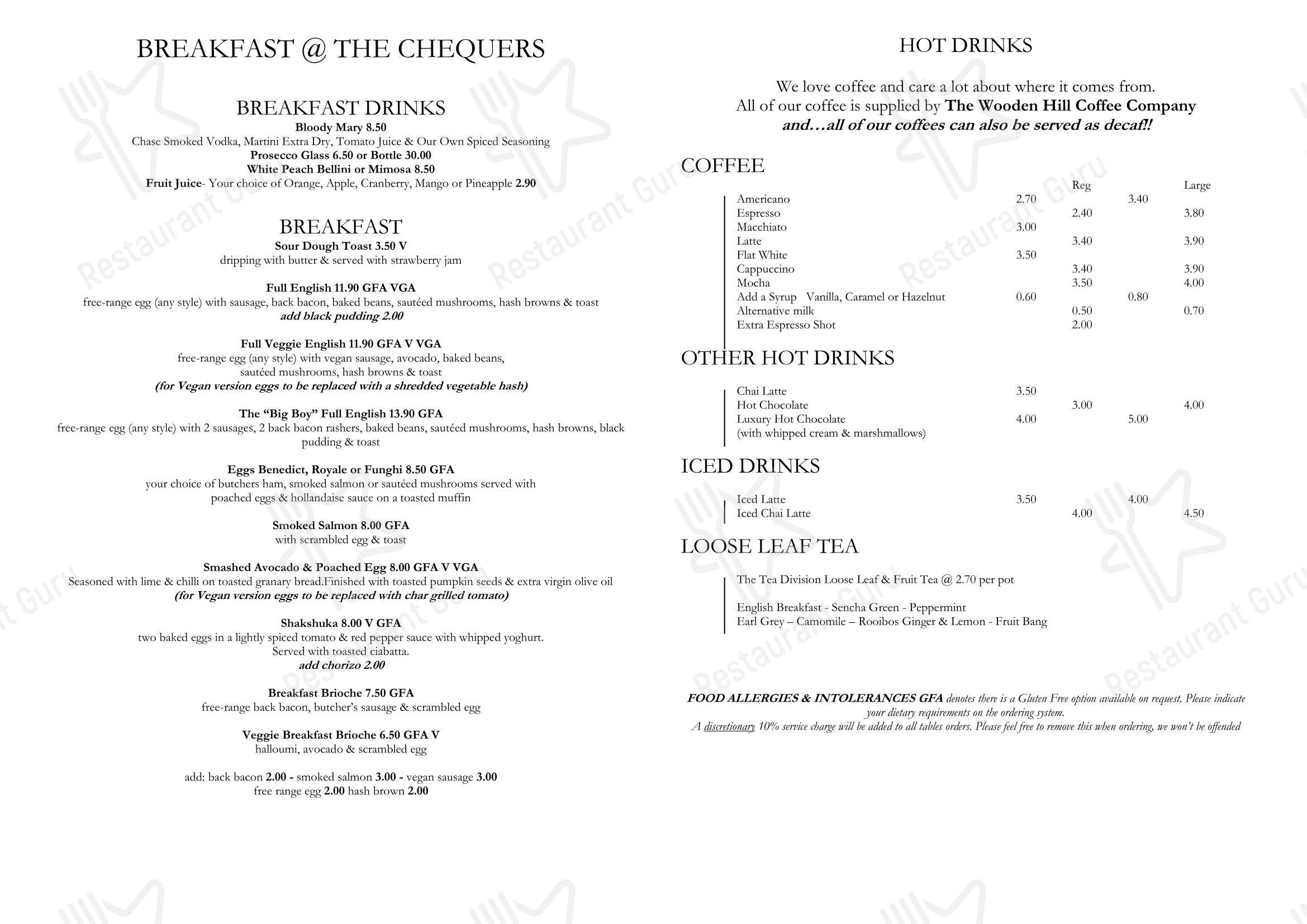 Menu at The Chequers pub & bar, Westoning, Park Rd