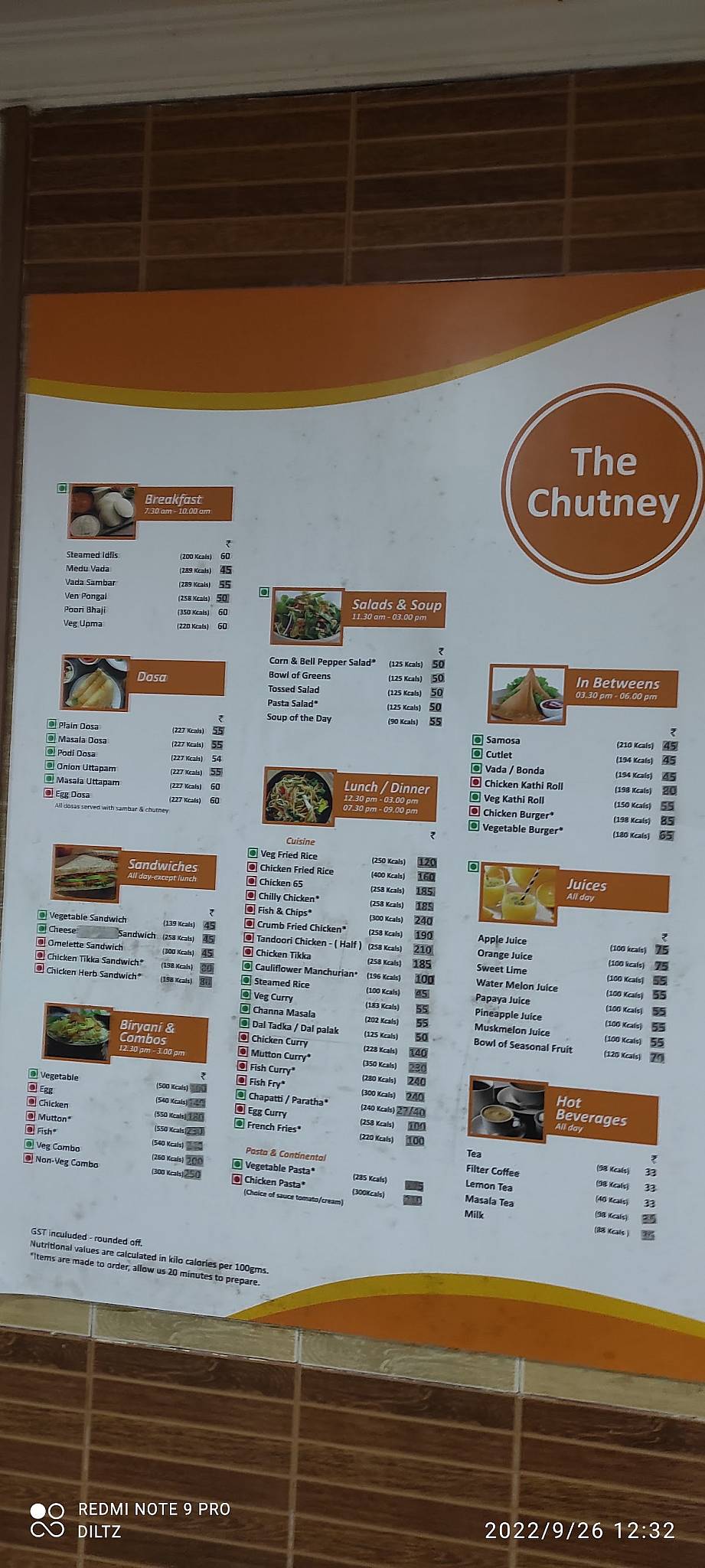 Menu at The Chutney, Chennai