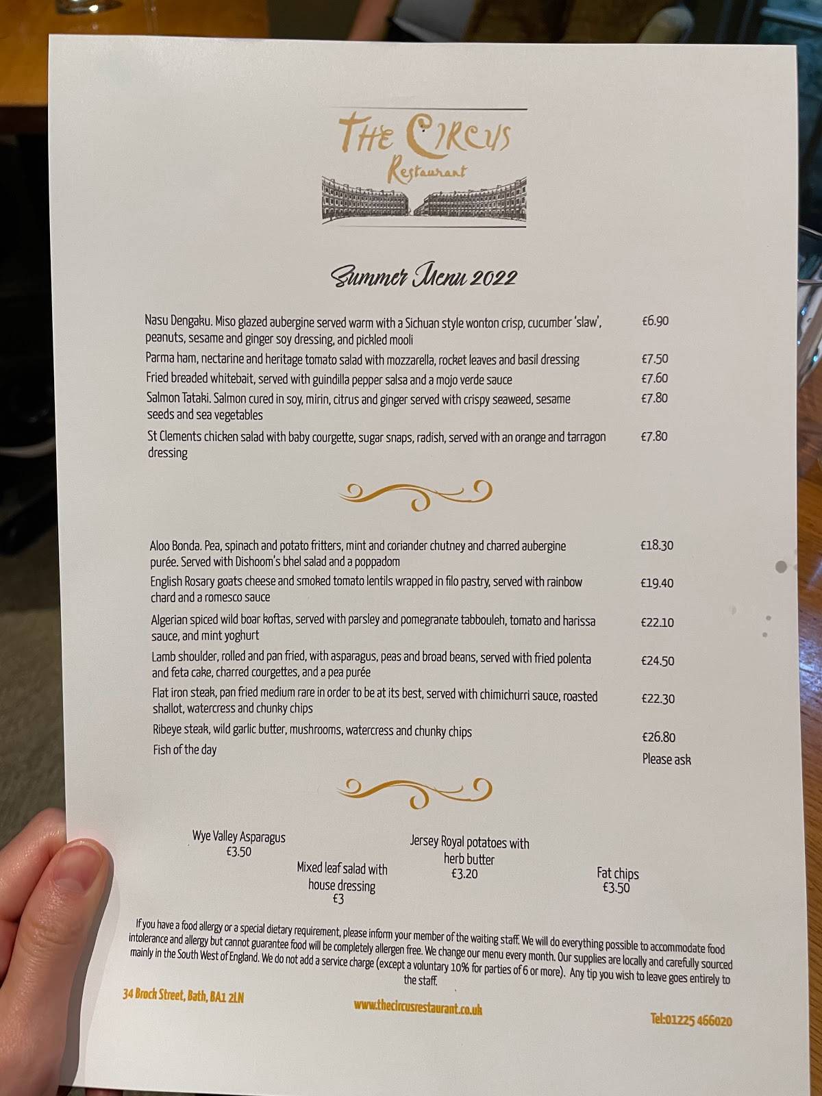 Menu at The Circus Restaurant, Bath