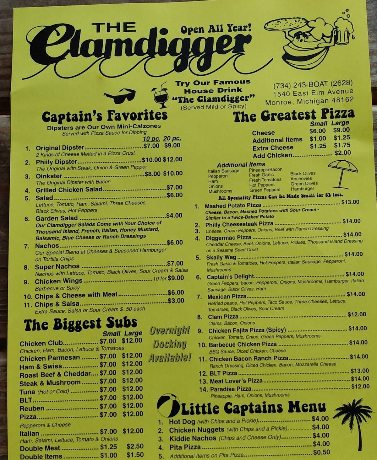 Menu at The Clamdigger pizzeria, Monroe