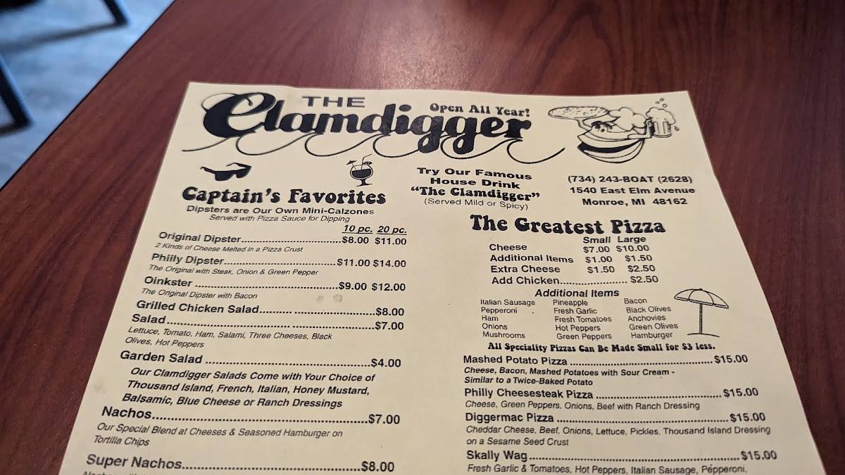 Menu at The Clamdigger pizzeria, Monroe