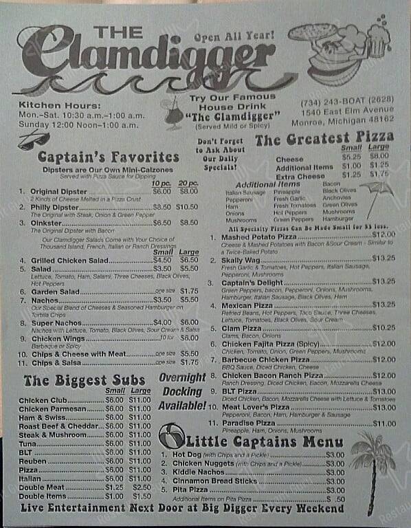 Menu at The Clamdigger pizzeria, Monroe
