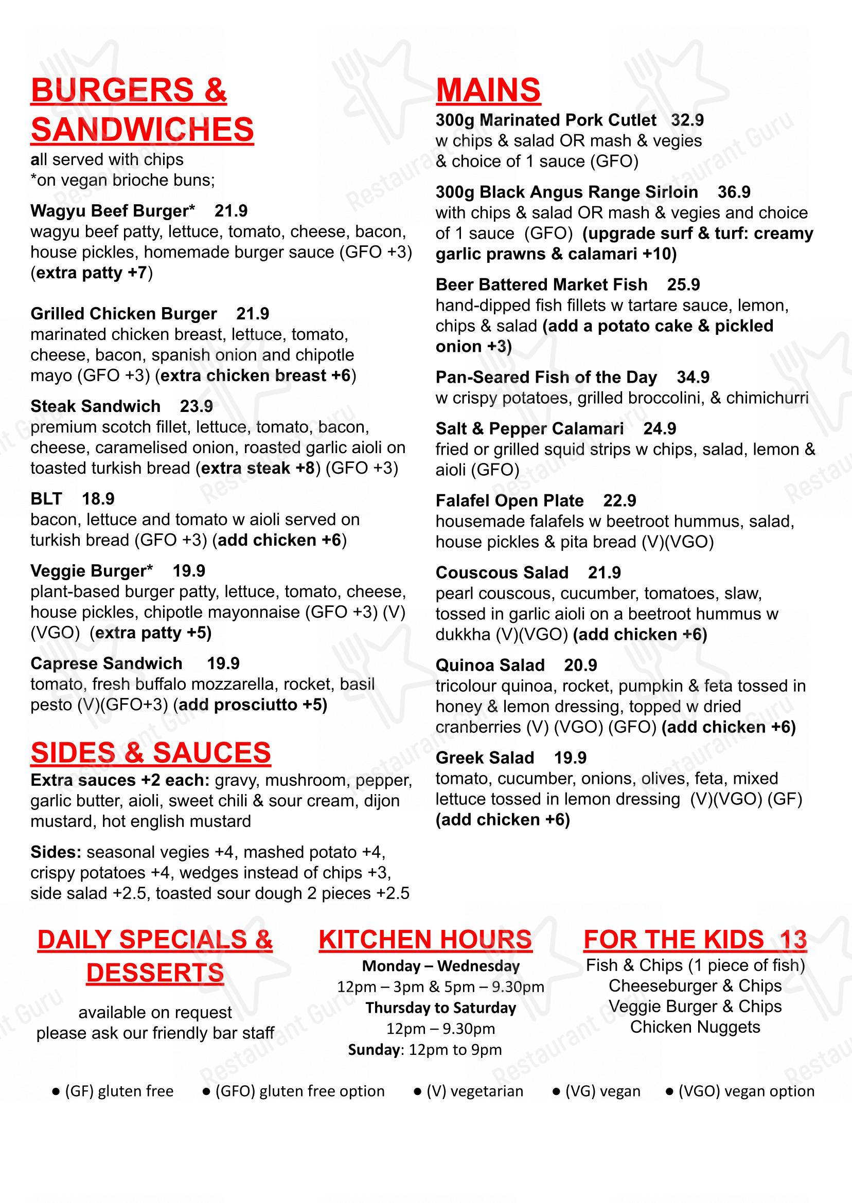 Menu at The Clyde Hotel restaurant, Carlton