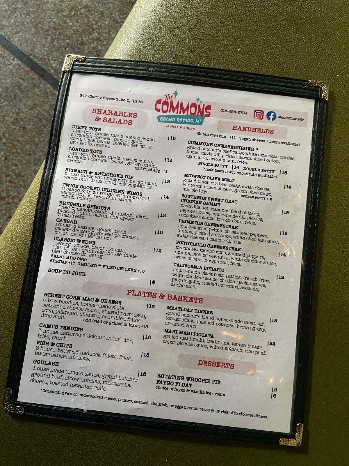 Menu at The Commons restaurant, Grand Rapids