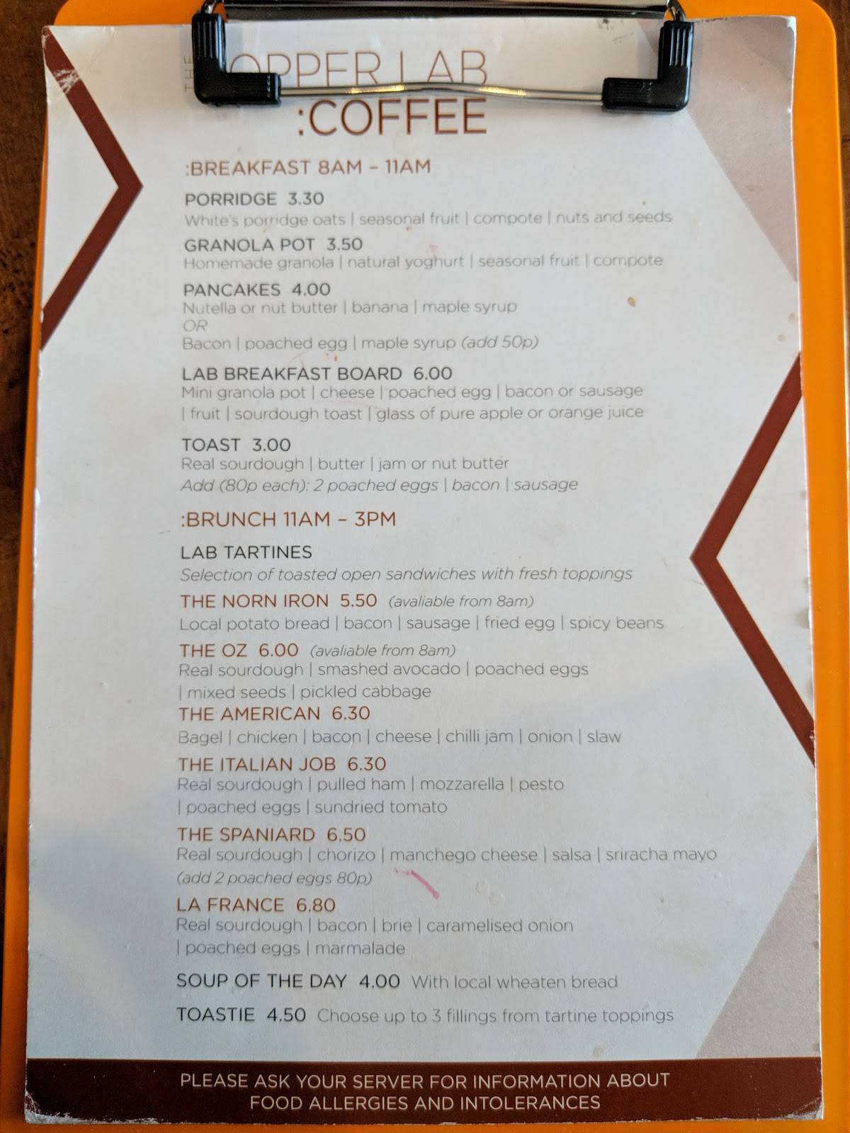 Menu at The Copper Lab Coffee cafe, Banbridge