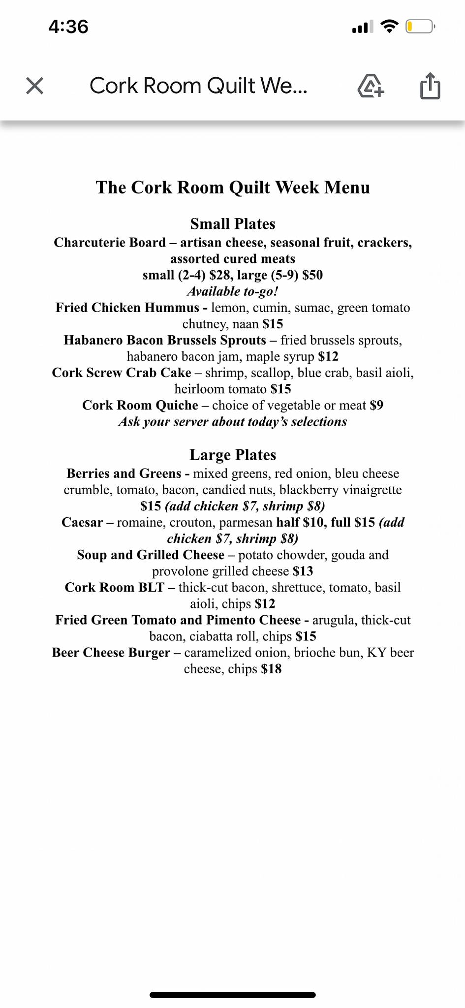 Menu at The Cork Room desserts, Paducah