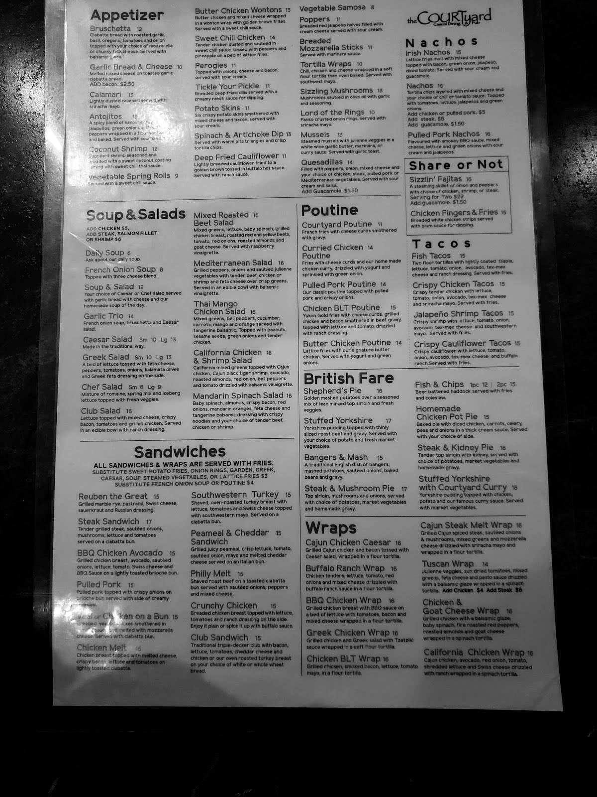 Menu at The Courtyard pub & bar, Courtice