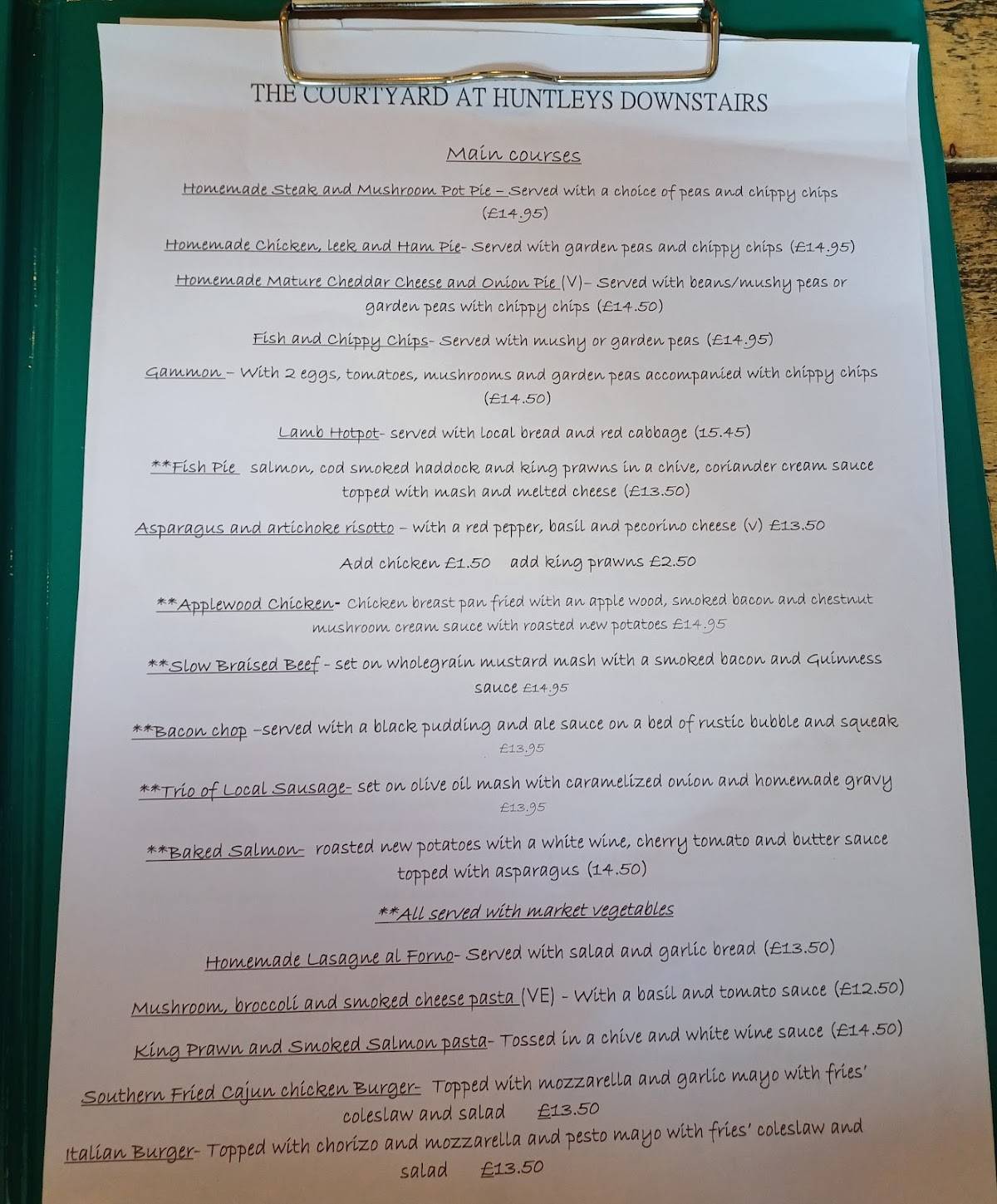 Menu at The Courtyard at Huntleys restaurant, Preston