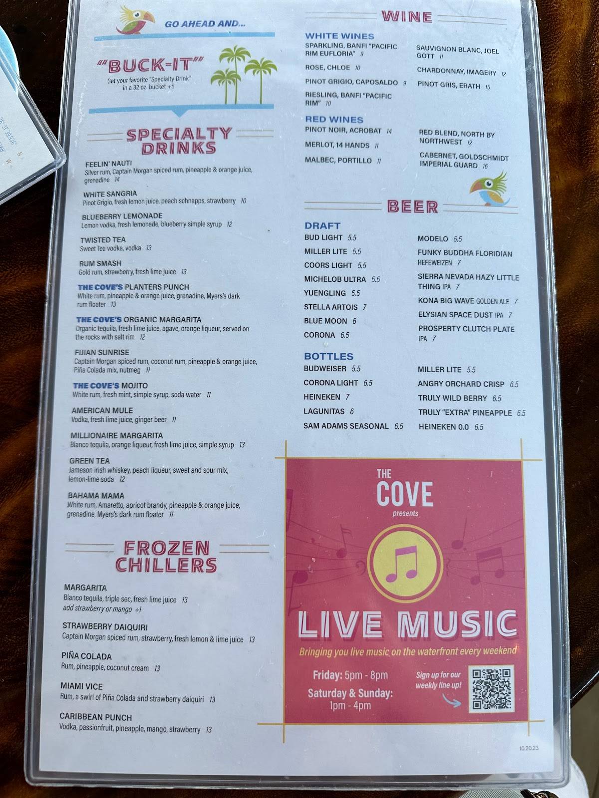 Menu at The Cove Waterfront Restaurant and Tiki Bar, Deerfield Beach