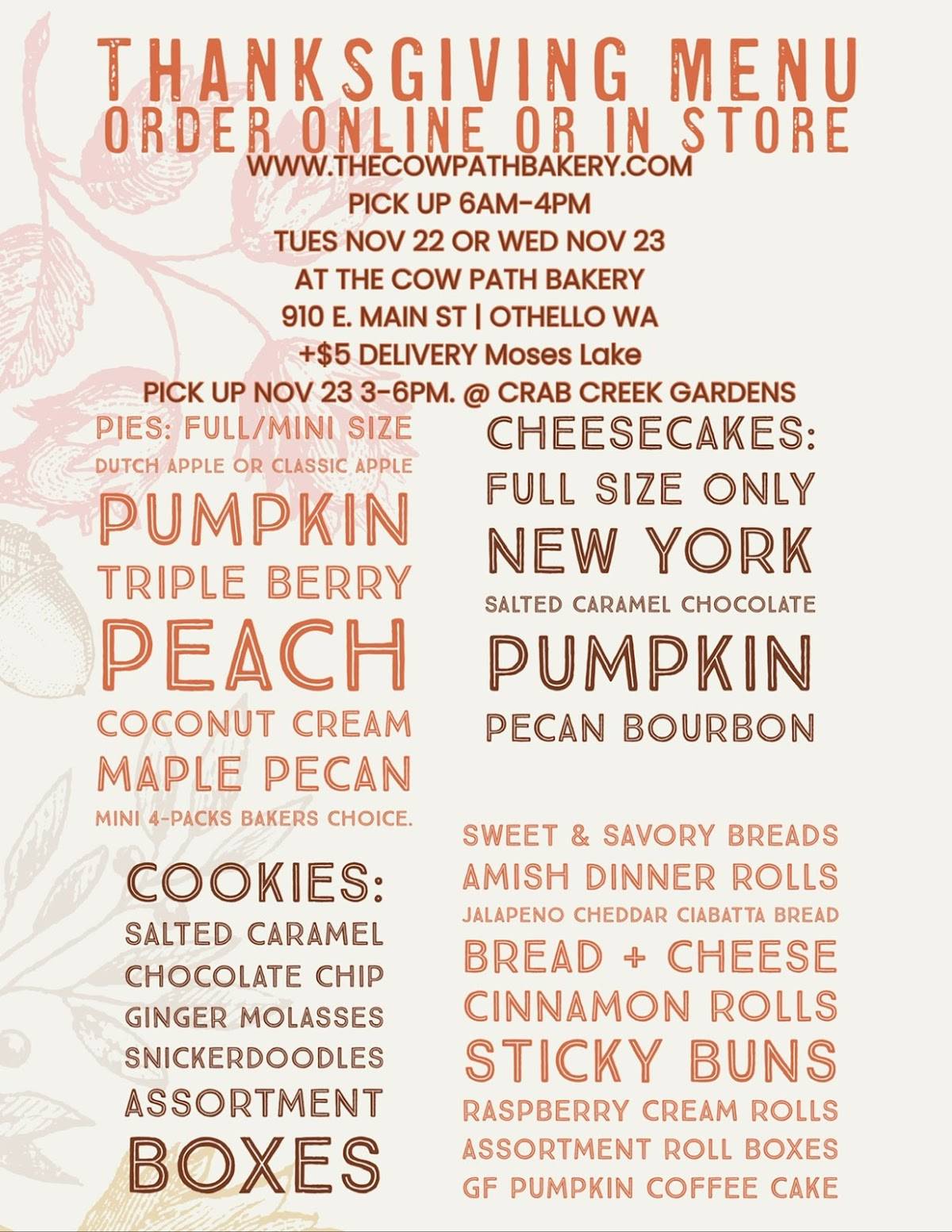 Carta de The Cow Path Bakery, Othello