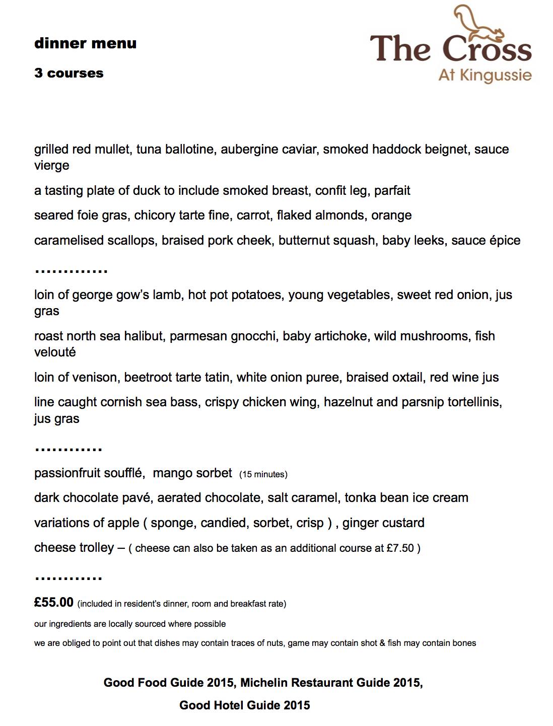 Menu at The Cross restaurant, Kingussie