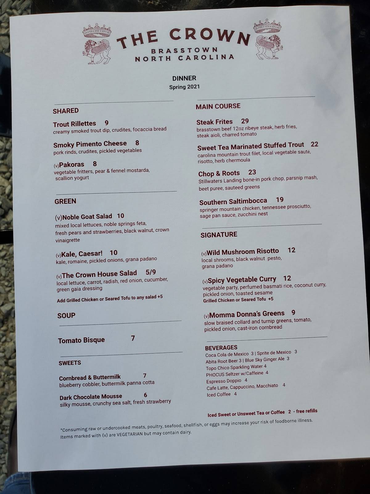 Menu at The Crown Restaurant, Brasstown