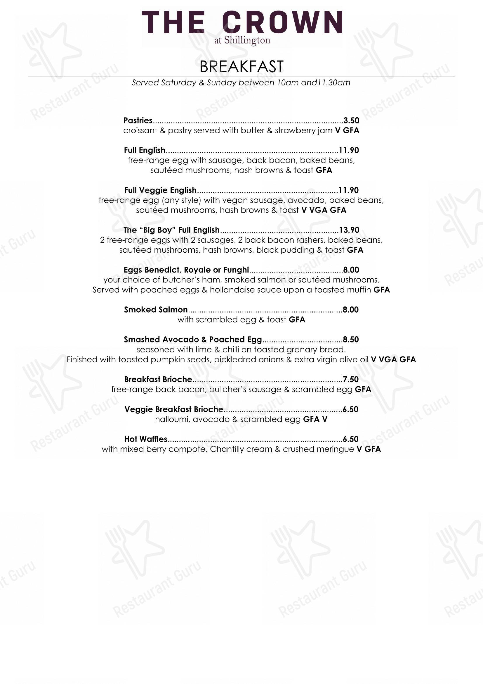 Menu at The Crown at Shillington pub & bar, Pirton