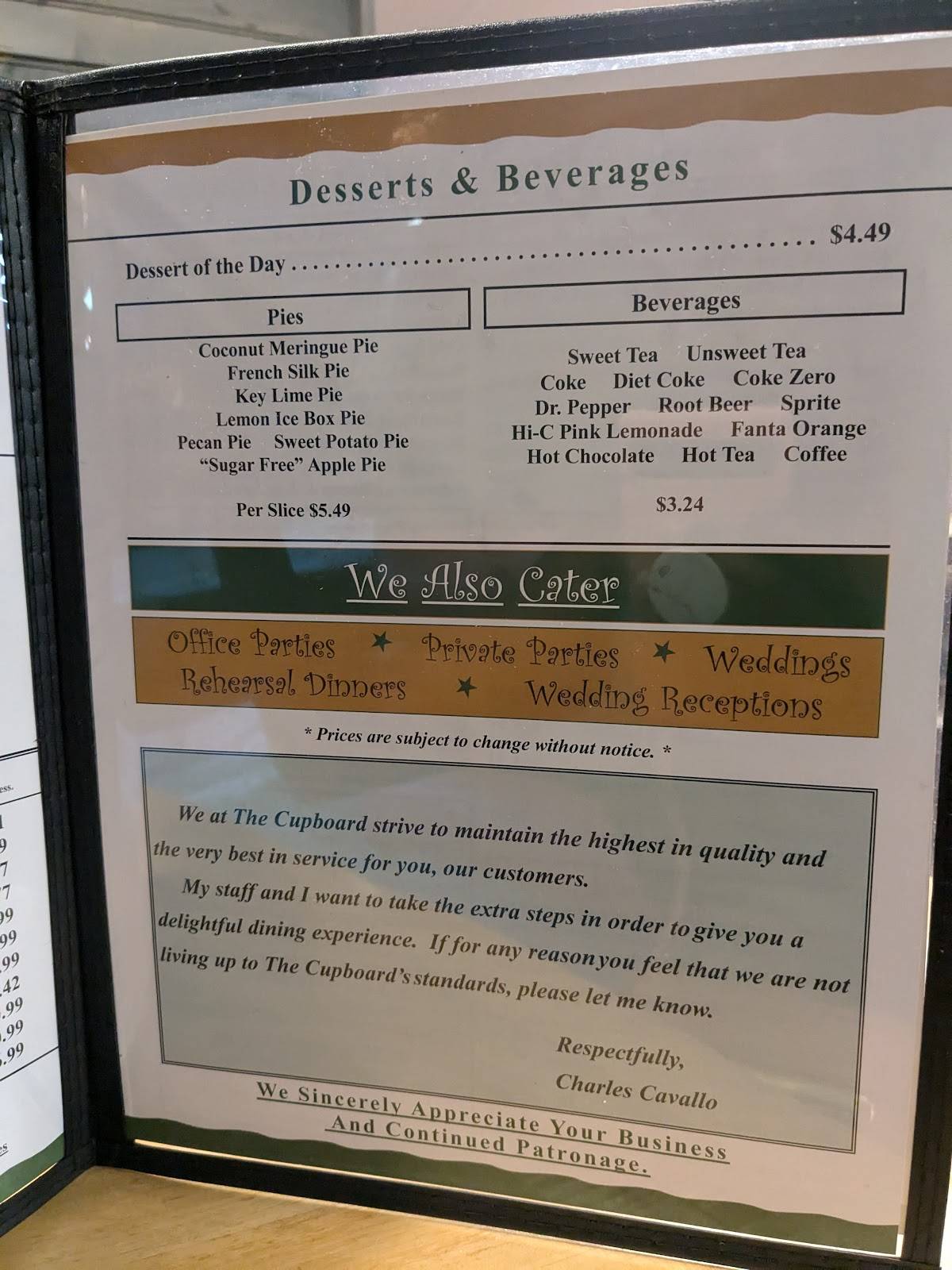 Menu at The Cupboard Restaurant, Memphis