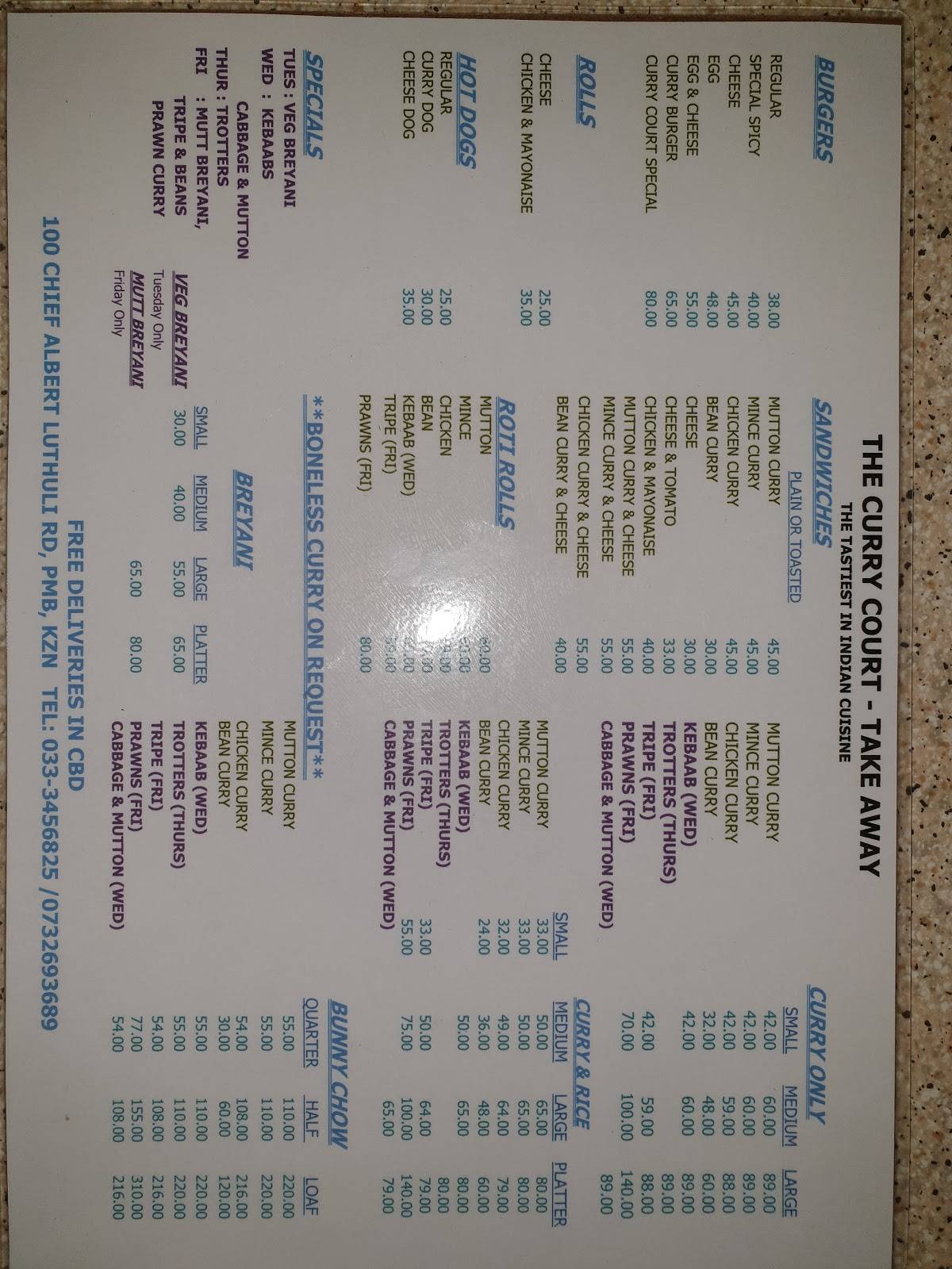 Menu at The Curry Court restaurant, Pietermaritzburg