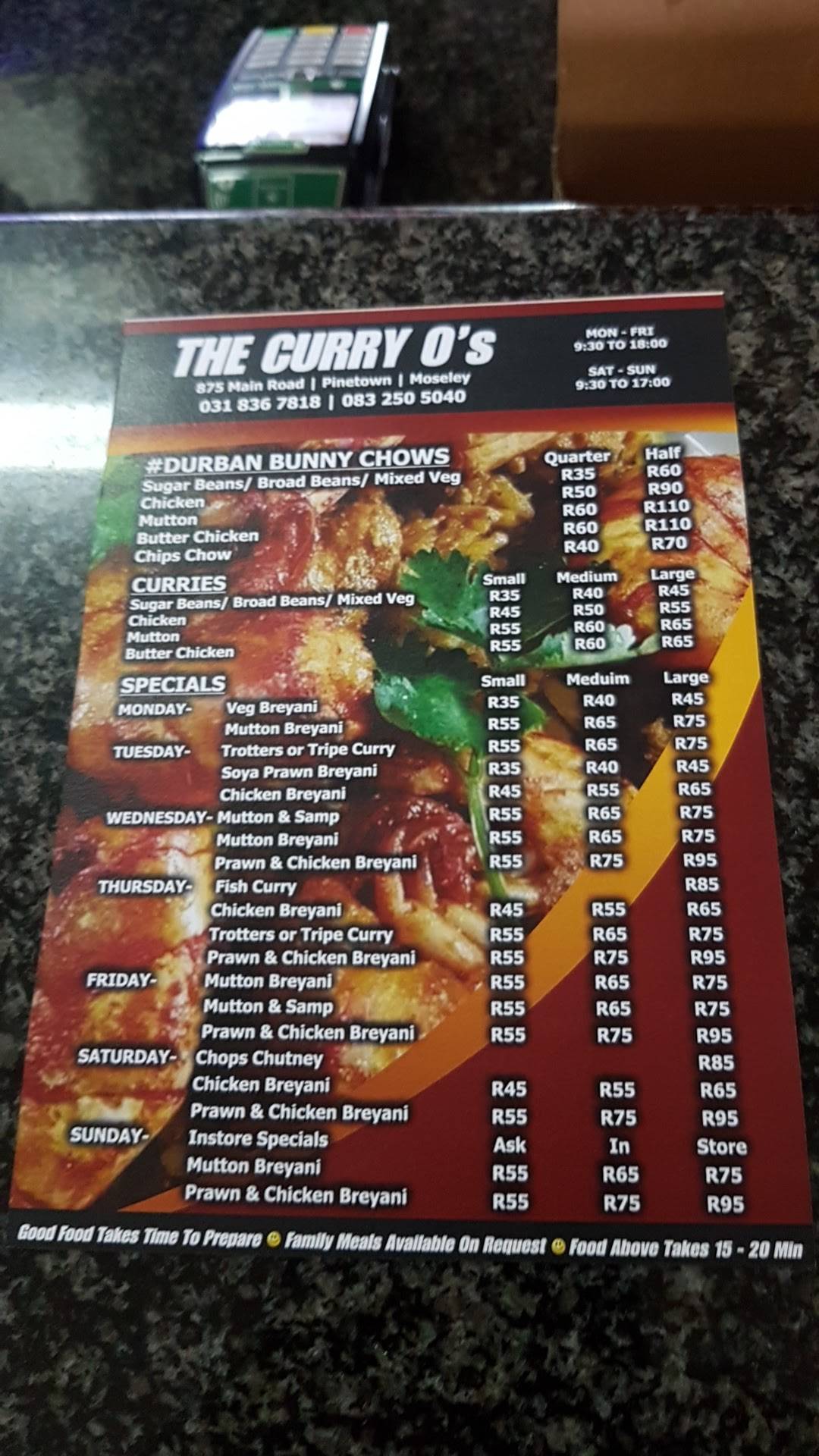 Menu at The Curry O's restaurant, Pinetown