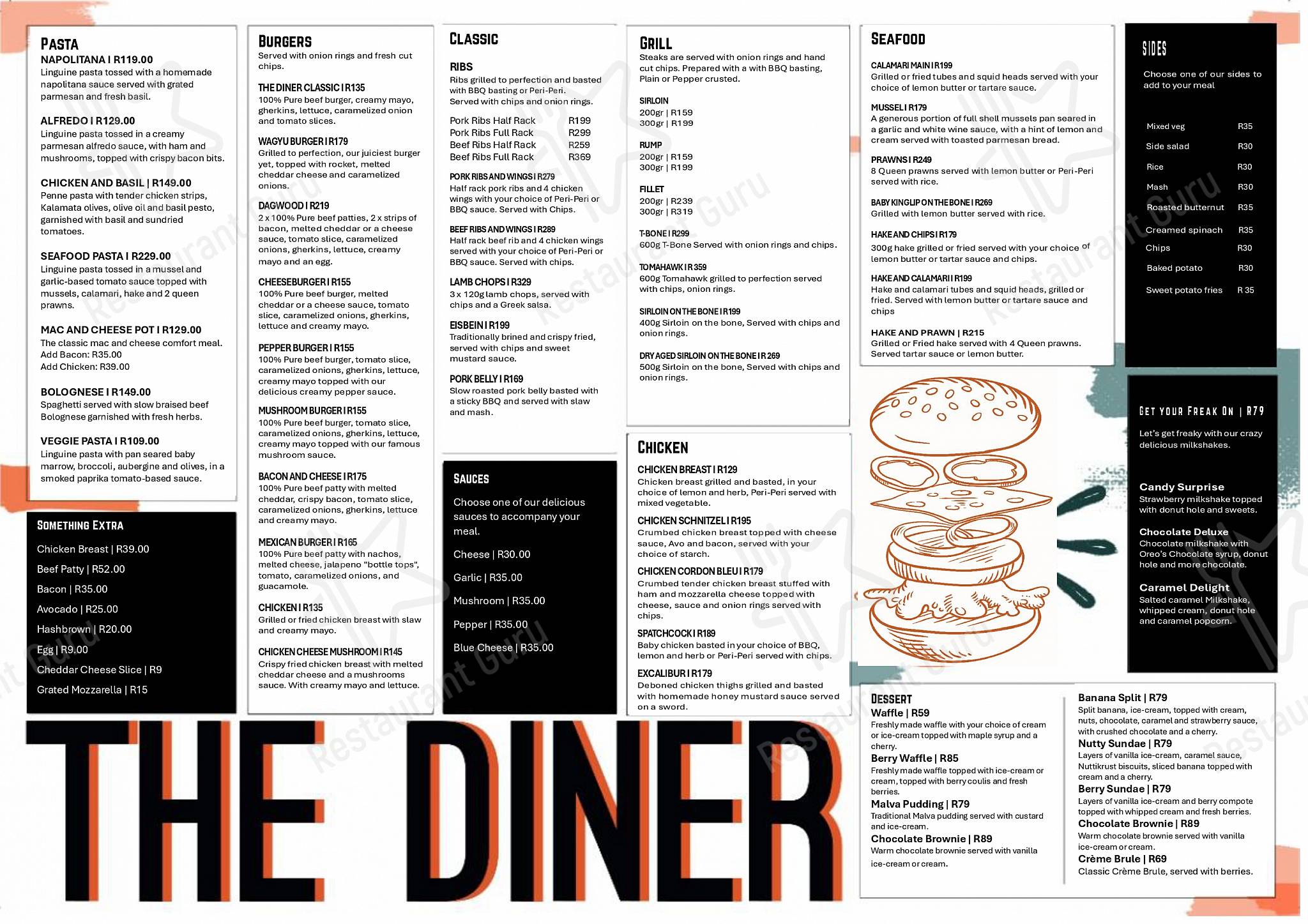 Menu at The Diner restaurant, Krugersdorp