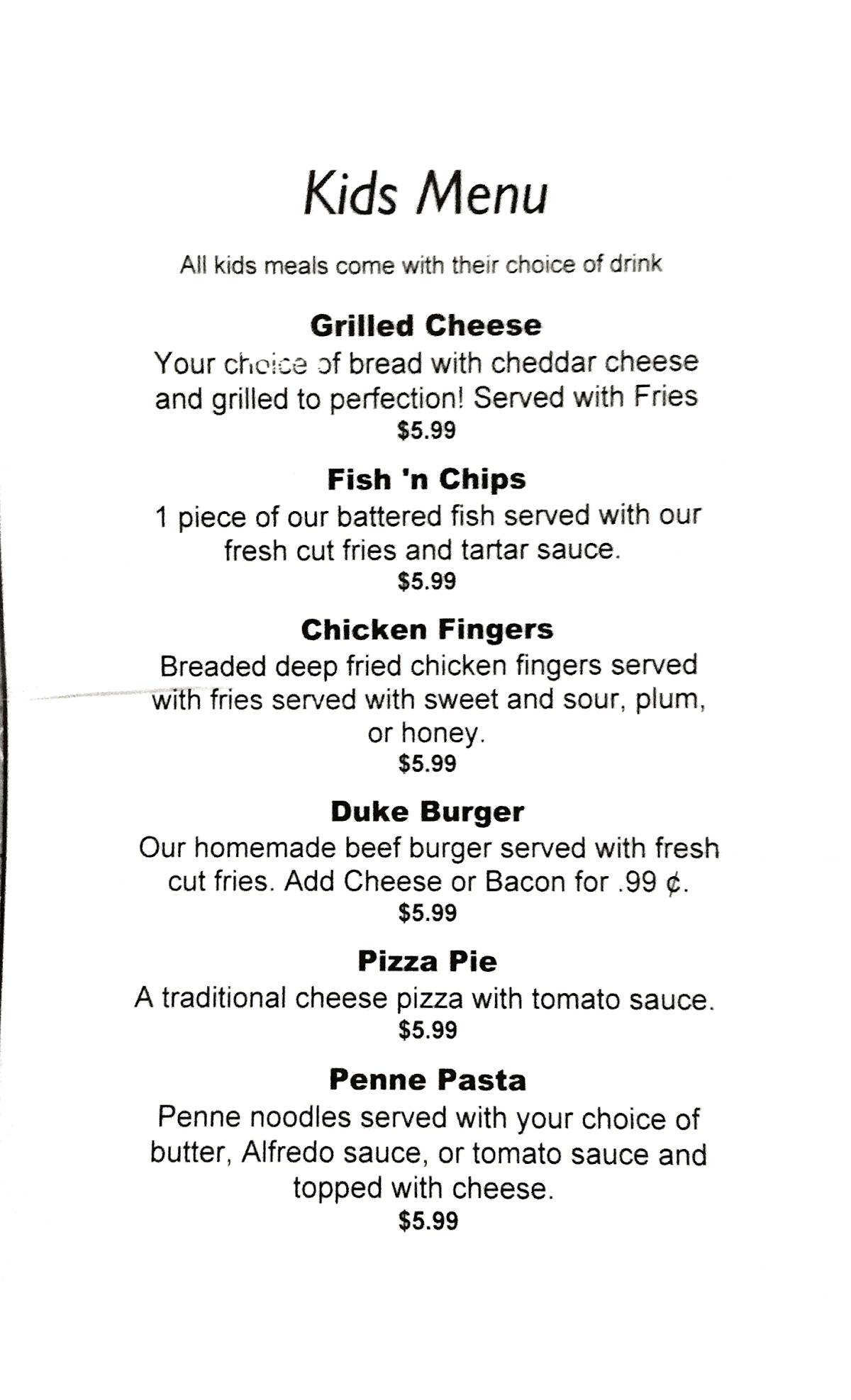 Menu at The Duke On Sydenham pub & bar, Strathroy