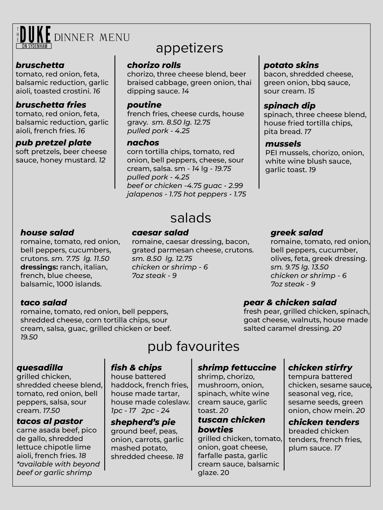 Menu at The Duke On Sydenham pub & bar, Strathroy