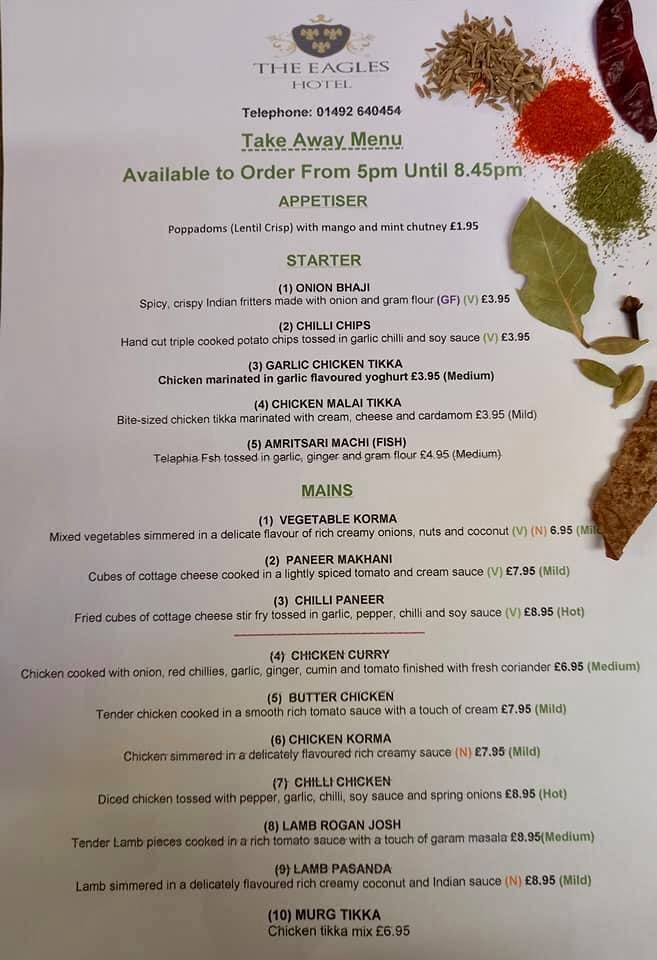 Menu at The Eagles Hotel pub & bar, Llanrwst
