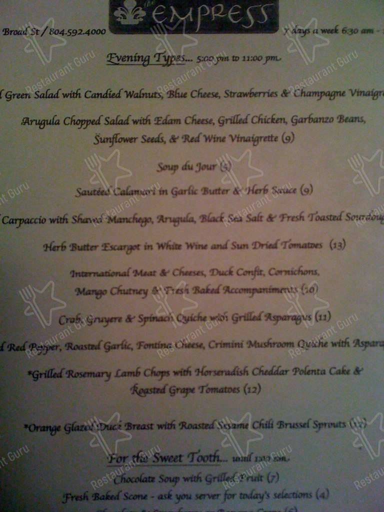Menu at The Empress restaurant, Richmond
