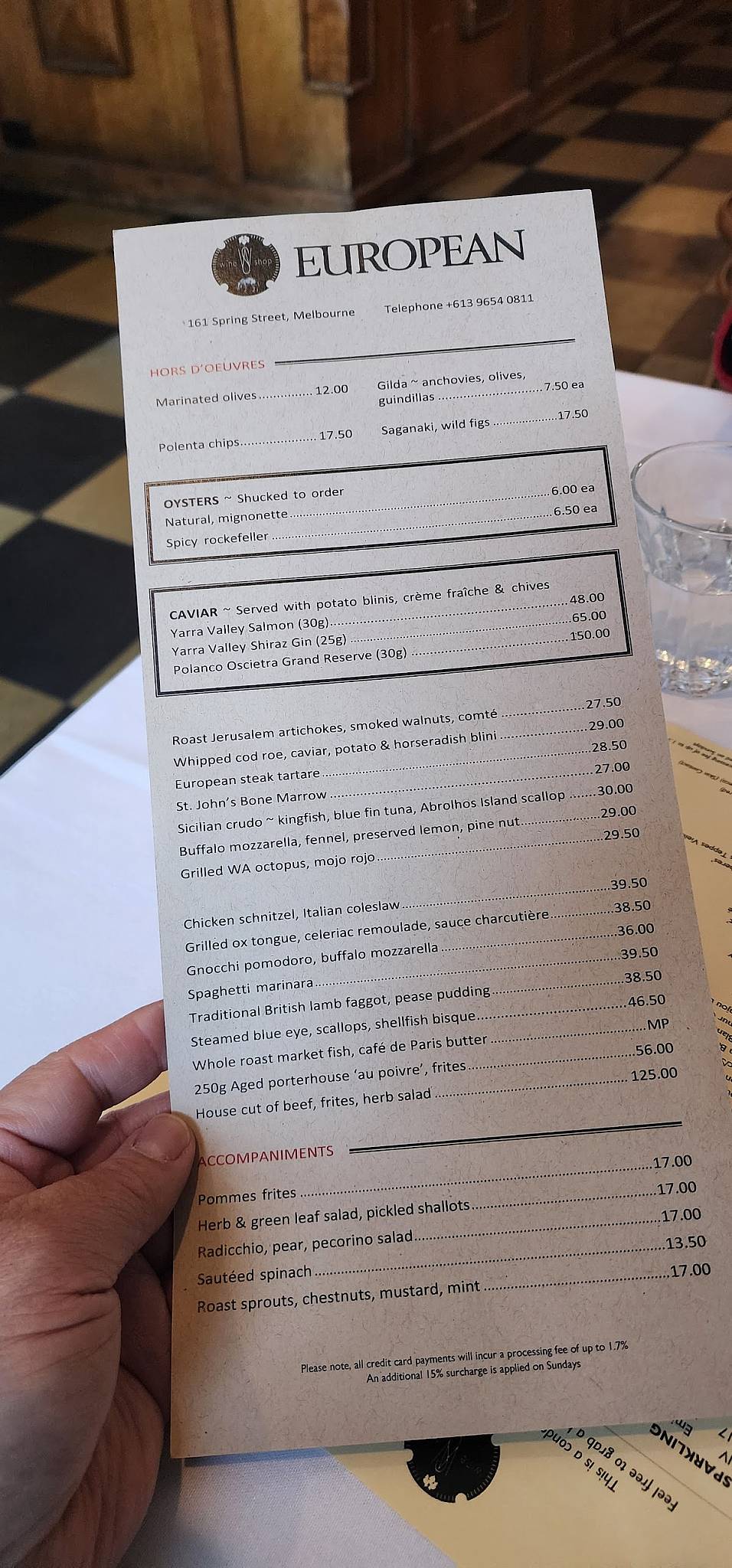 Menu at The European restaurant, Melbourne