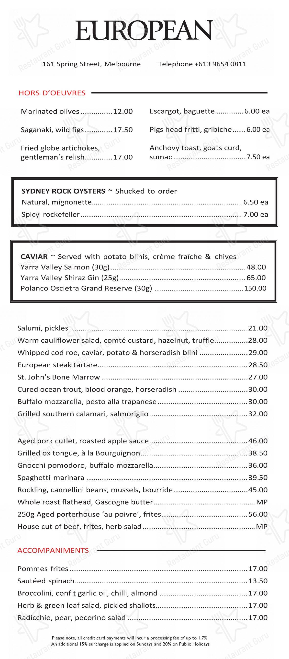 Menu at The European restaurant, Melbourne