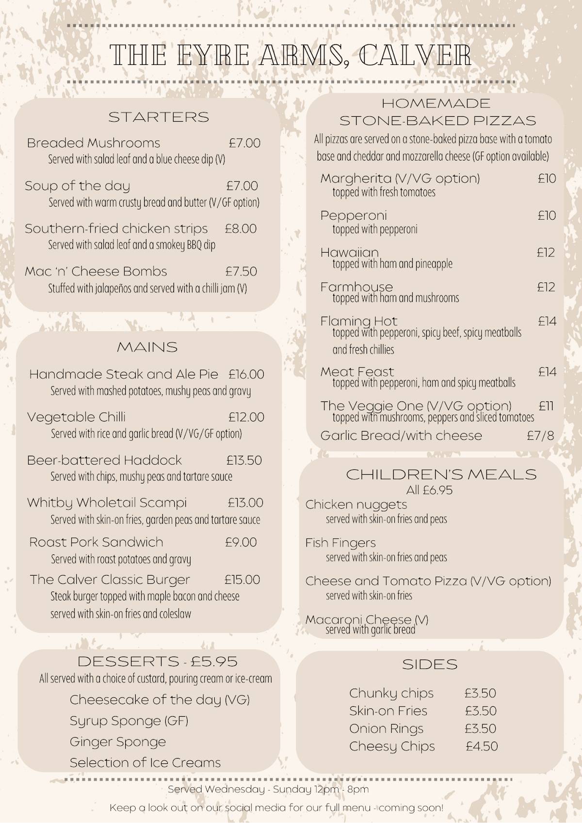 Menu at The Calver Arms pub & bar, Eyam, Peak District National Park