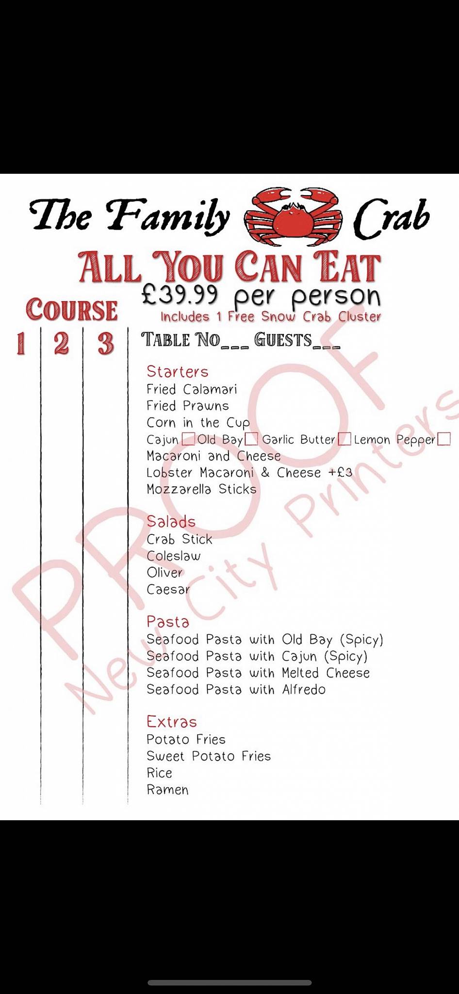 Menu at The Family Crab restaurant, Enfield