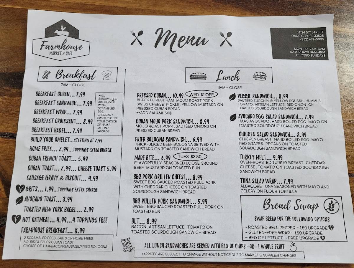 Menu at The Farmhouse Market & Café cafe, Dade City