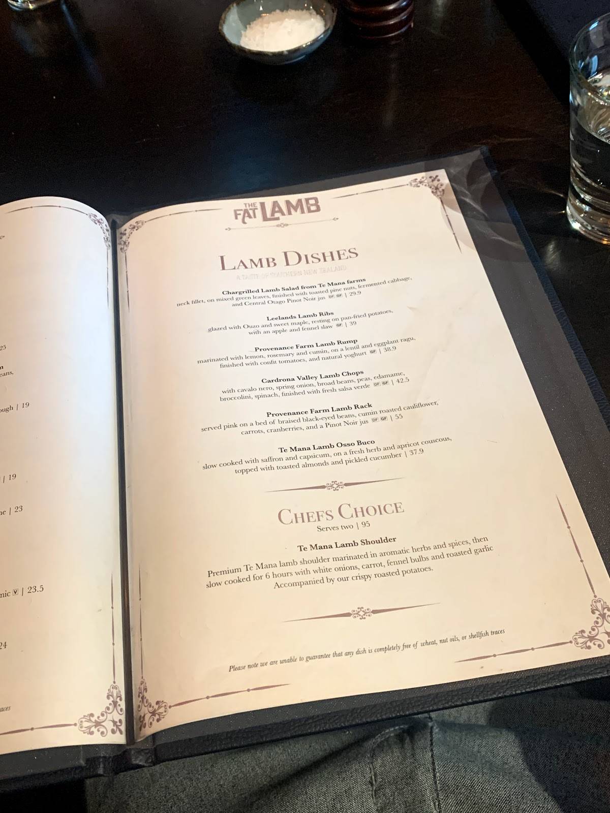 Menu at The Fat Lamb restaurant, Queenstown