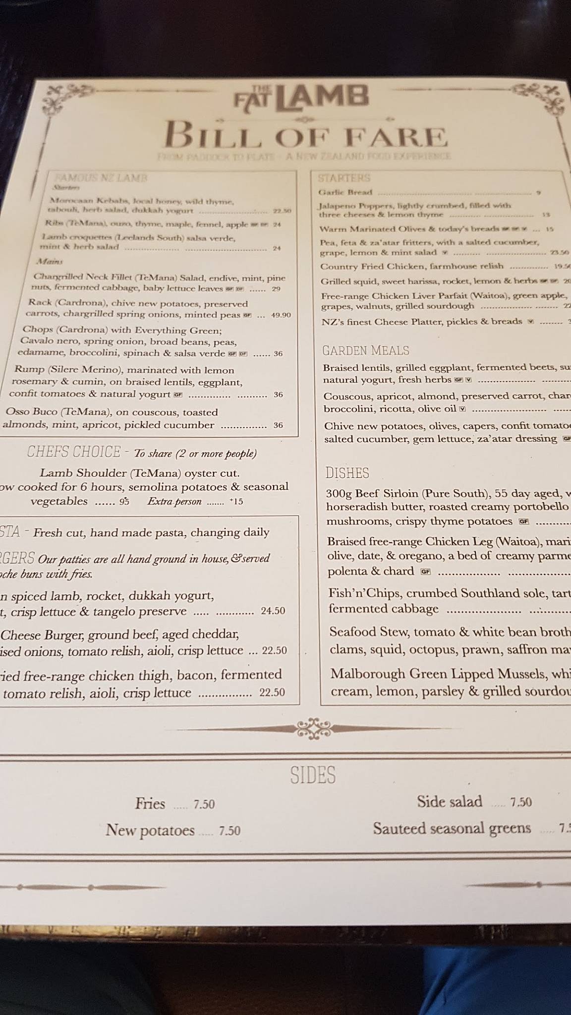 Menu at The Fat Lamb restaurant, Queenstown