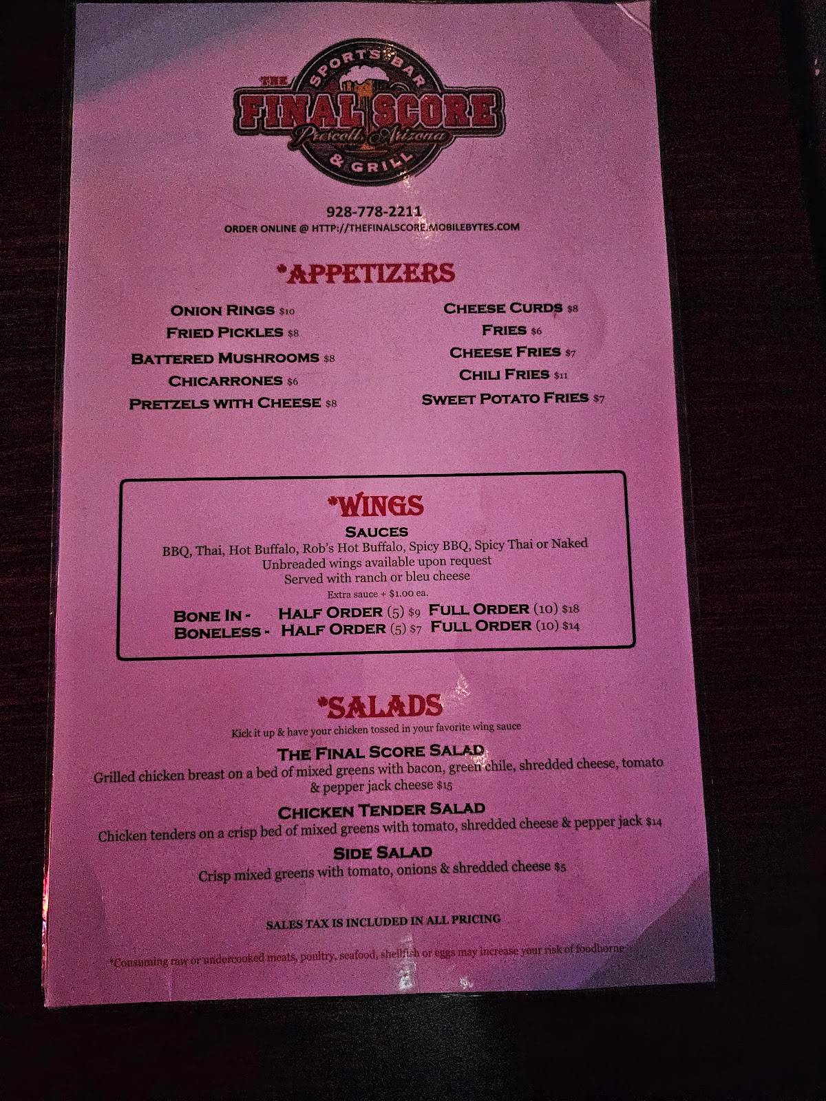 Menu at The Final Score pub & bar, Prescott, Commerce Dr a
