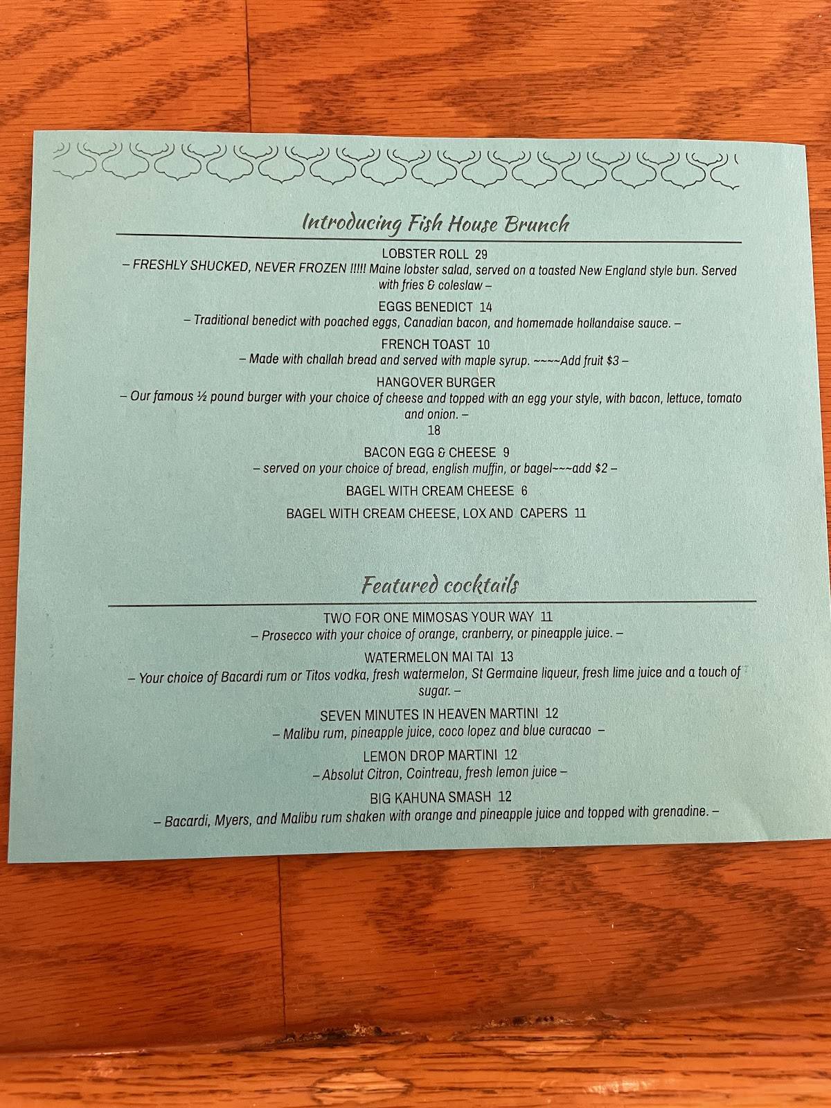 Menu at The Fish House at Juno Beach restaurant, Juno Beach