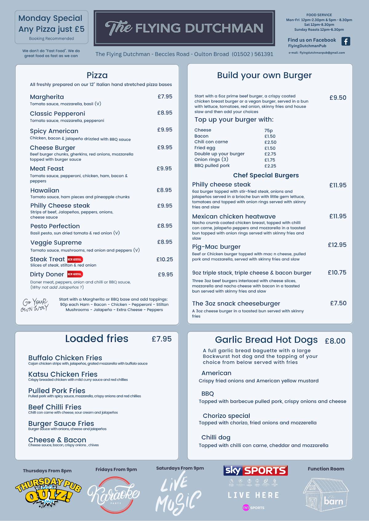 Menu at The Flying Dutchman pub & bar, Lowestoft, Beccles Rd