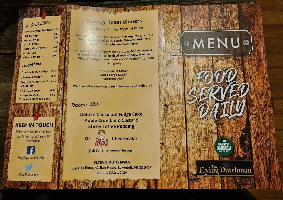 Menu at The Flying Dutchman pub & bar, Lowestoft, Beccles Rd