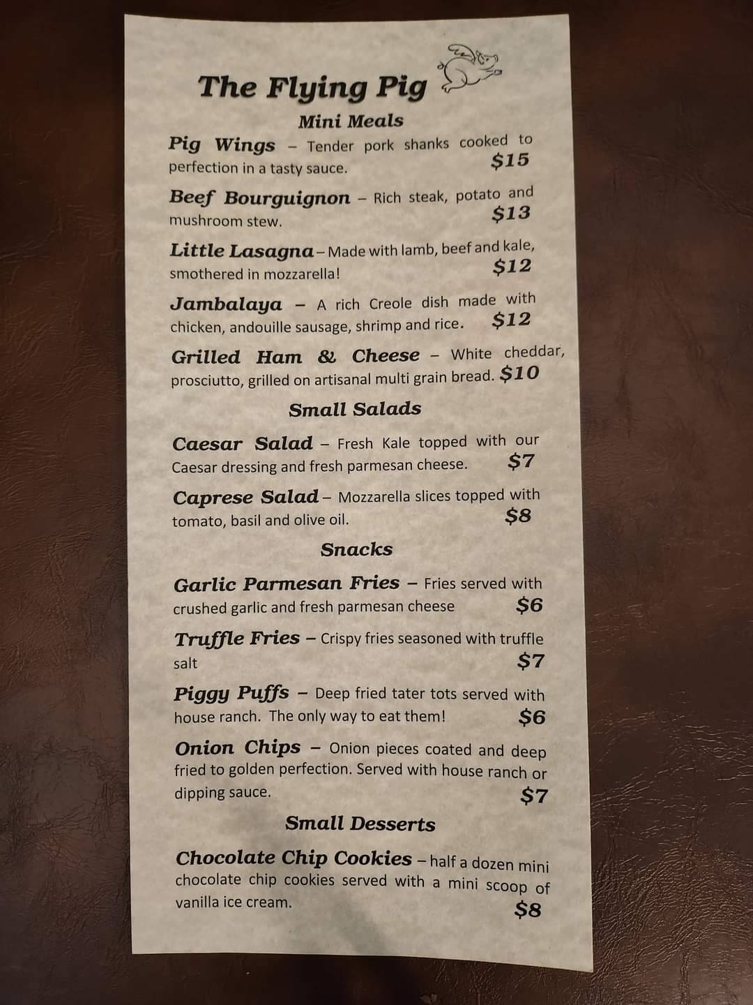Menu at The Flying Pig Bar, Joseph