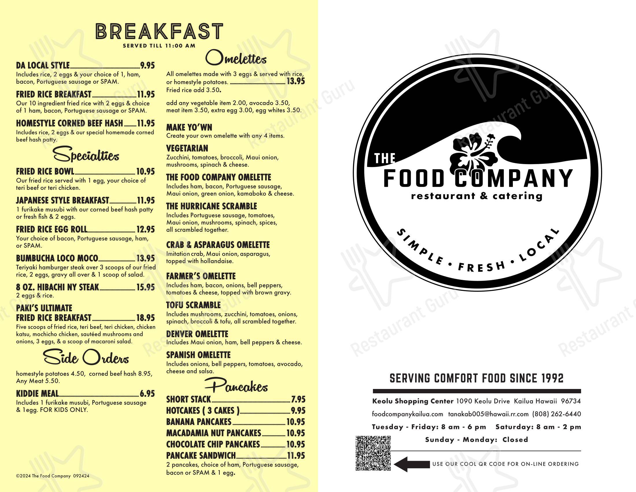 Menu at The Food Company Restaurant & Catering, Kailua, Keolu Dr